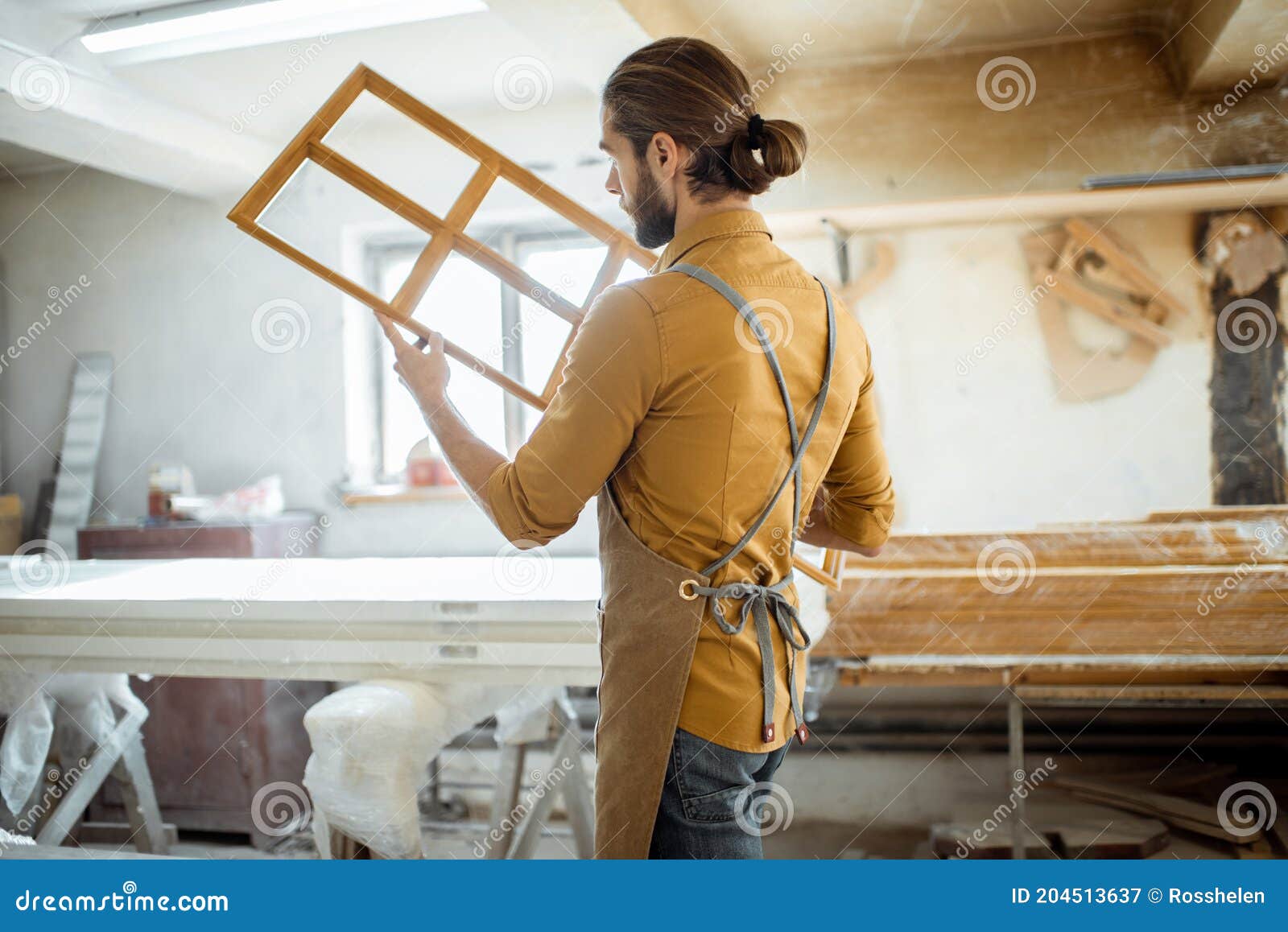 Carpenter with Window Frame at the Workshop Stock Image - Image of ...