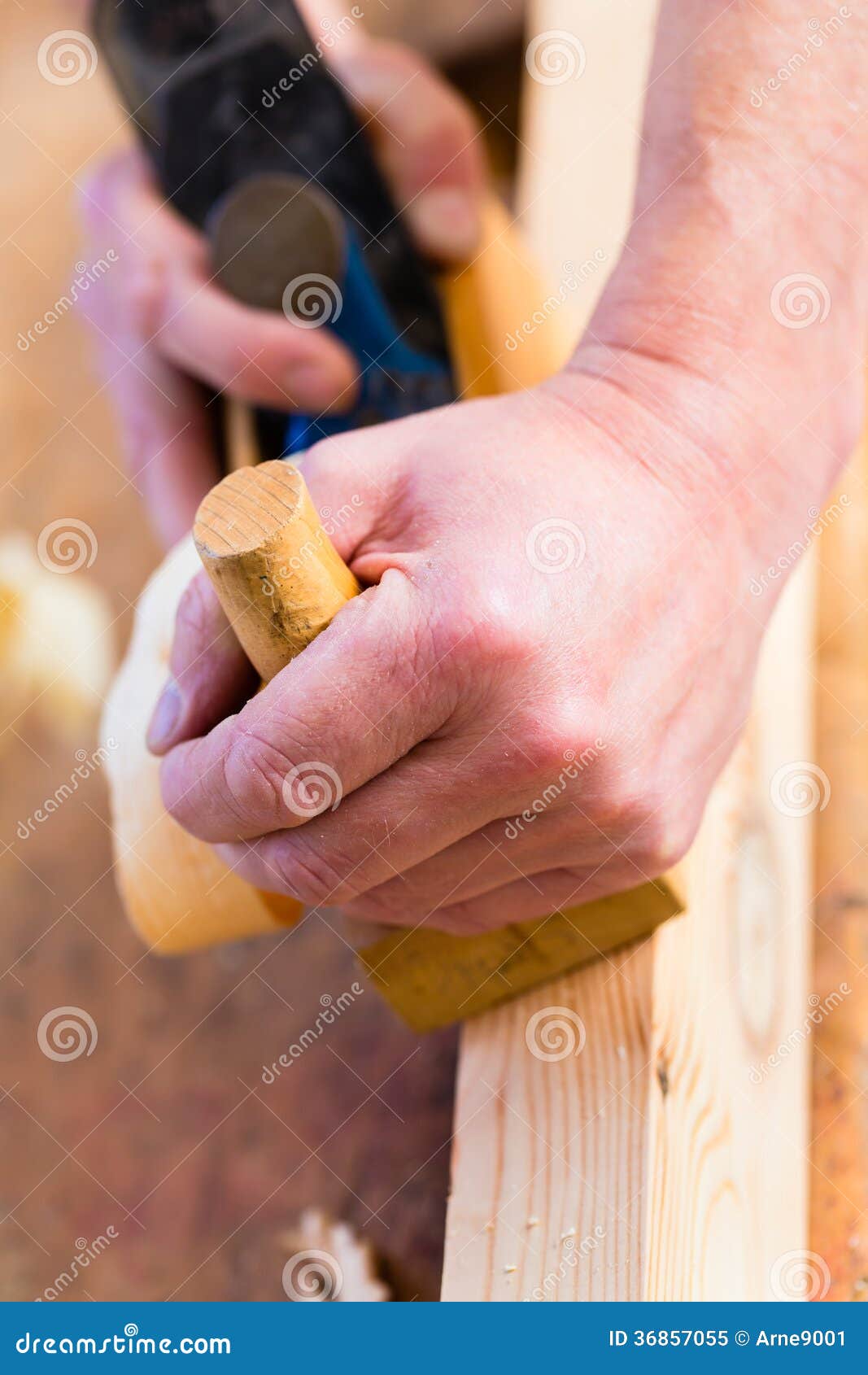 Carpenter with Wood Planer and Workpiece in Carpentry Stock Image ...