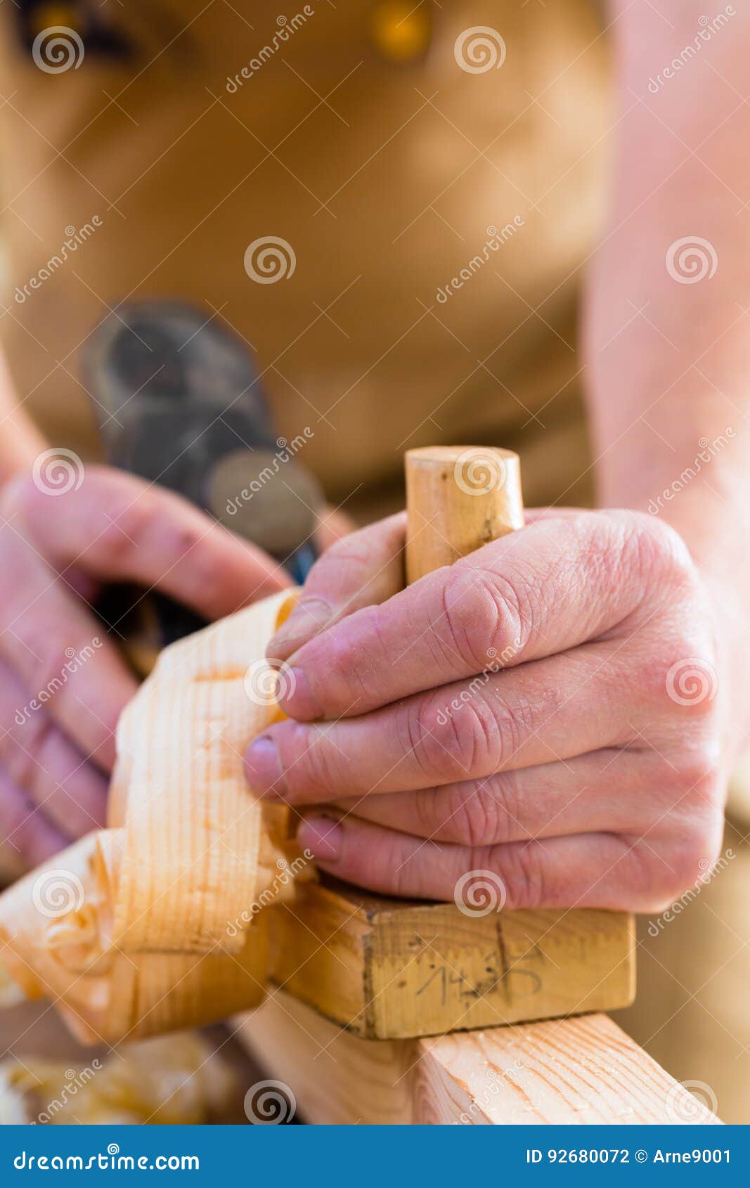 Carpenter with Wood Planer and Workpiece in Carpentry Stock Photo ...