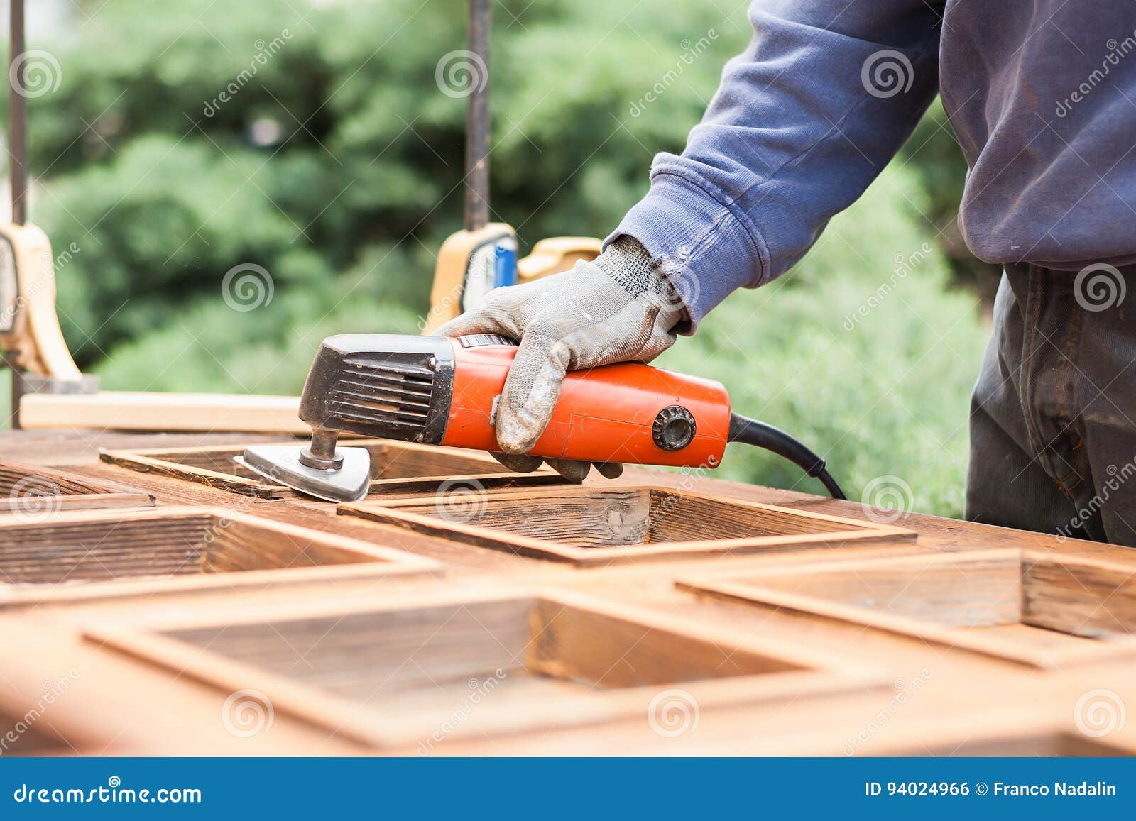 Carpenter at Work with Angular Sander. Stock Photo - Image of polisher ...