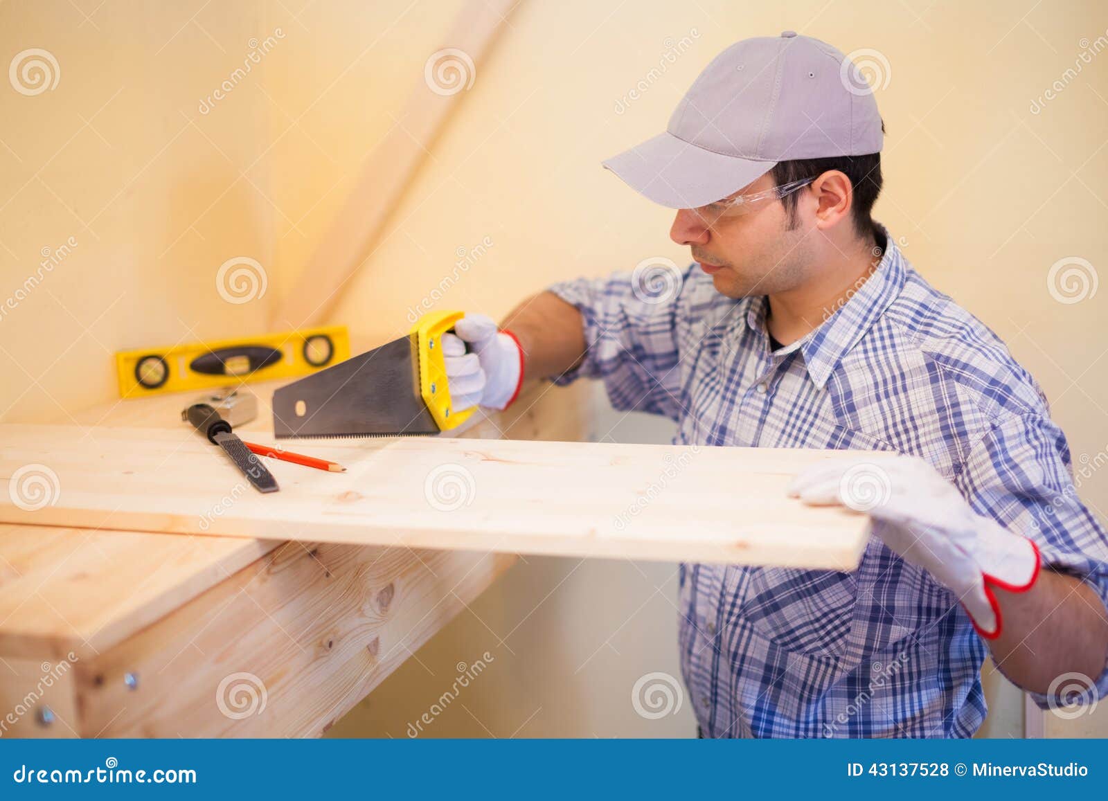 Carpenter at Work Cutting Wood Stock Photo - Image of safety, furniture ...