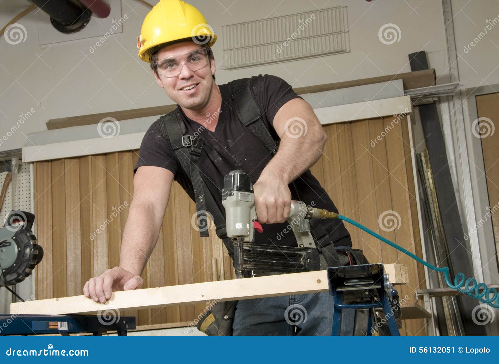 Carpenter at Work on Job Using Power Tool Stock Image - Image of dust ...
