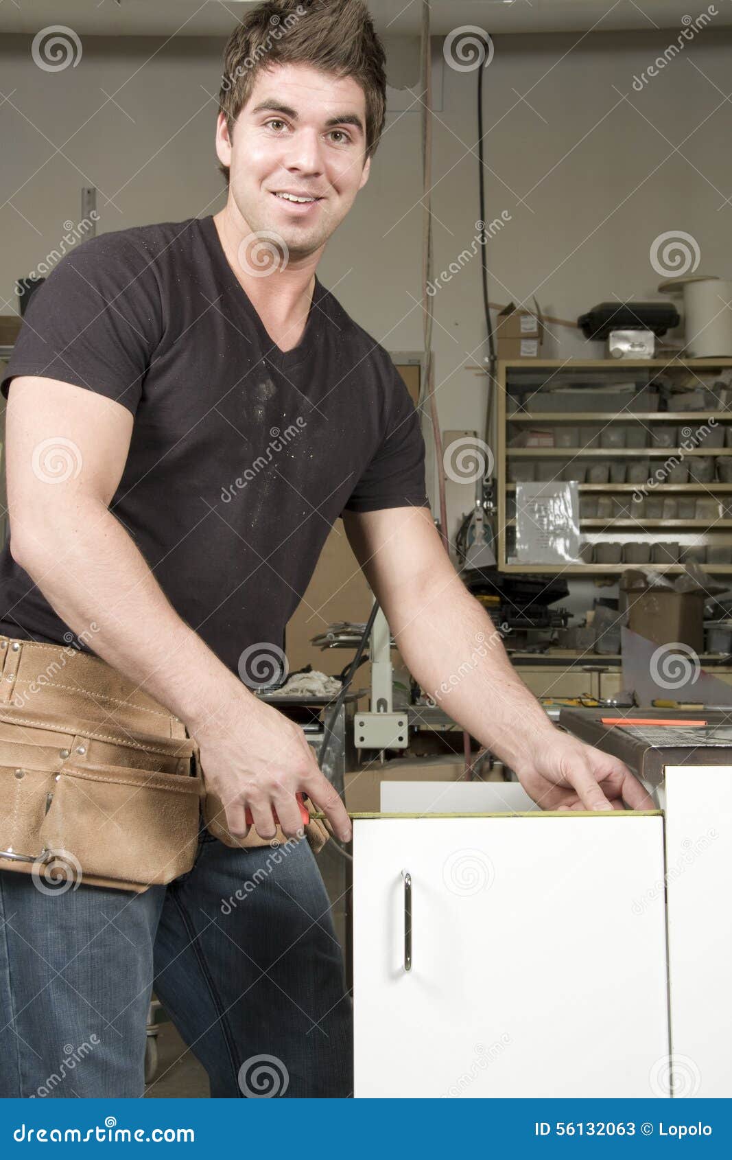 Carpenter at Work on Job Using Power Tool Stock Image - Image of house ...
