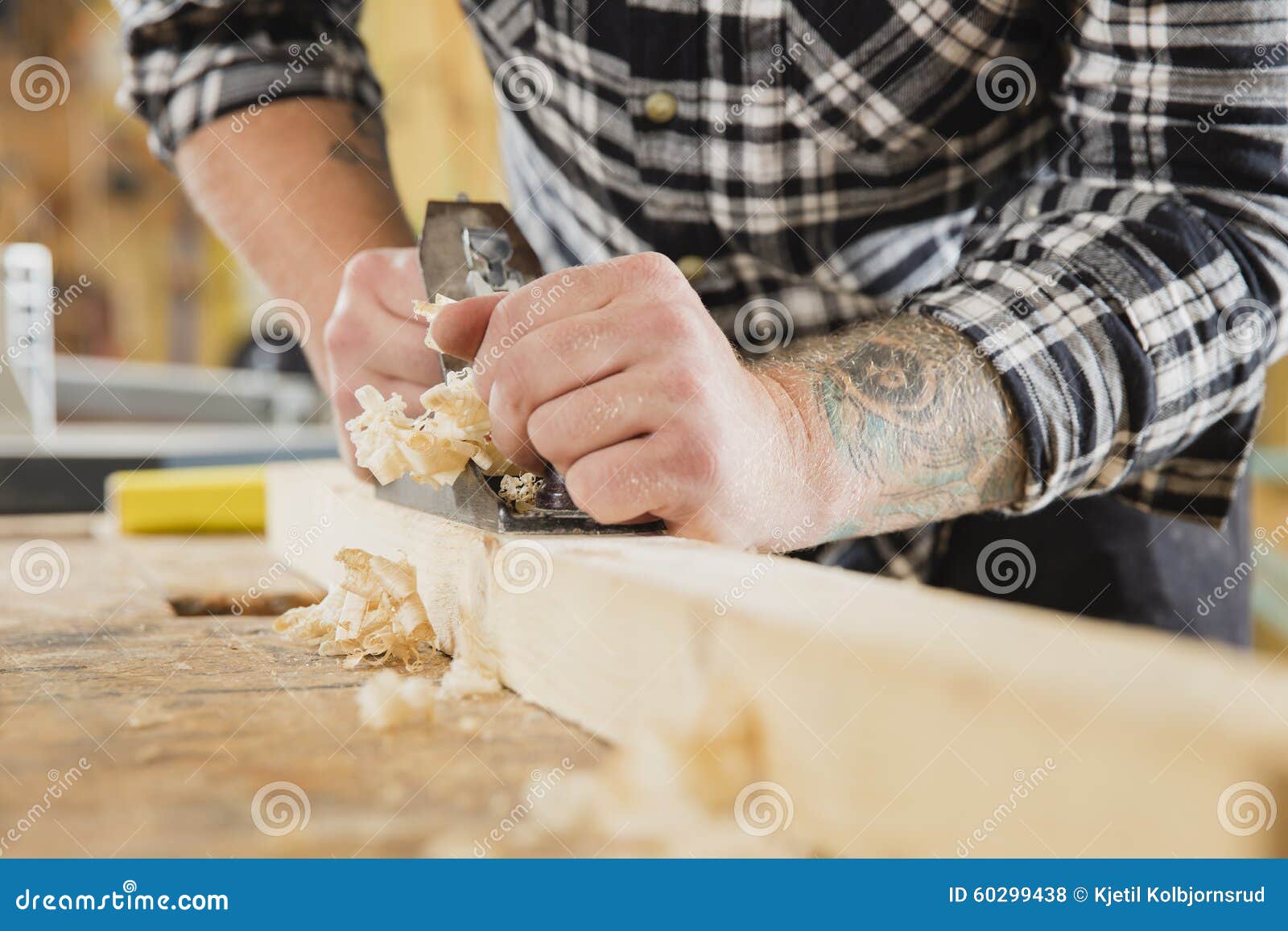 Carpenter Work with Plane on Wood Plank Stock Photo - Image of ...