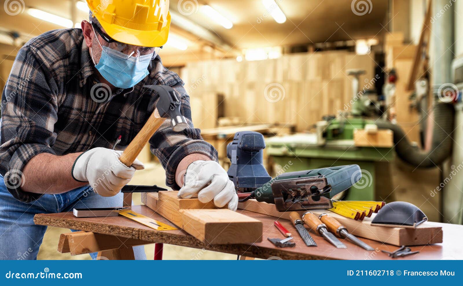 Carpenter at Work Protects the Face with the Surgical Mask. Carpentry ...