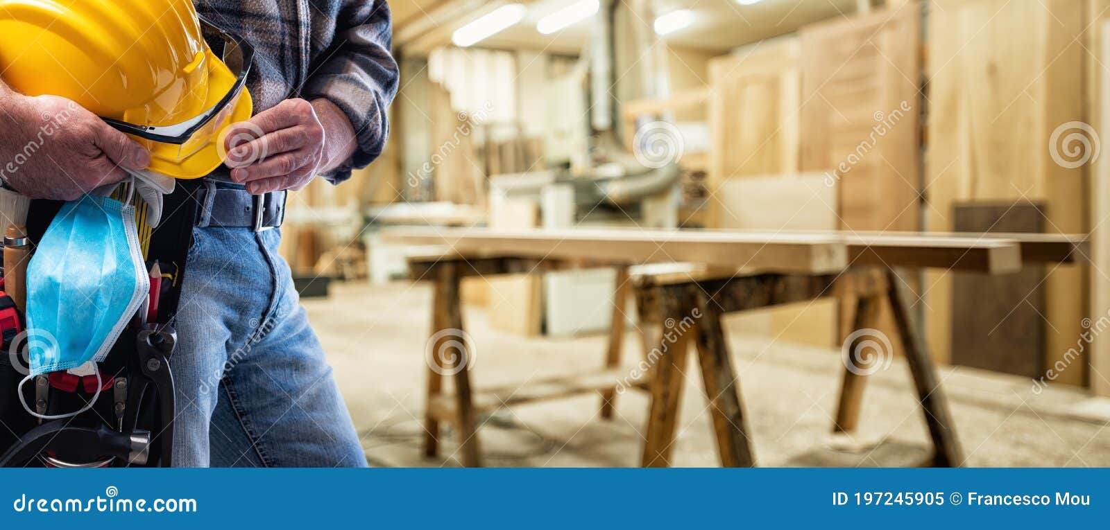Carpenter with Work Tools and Surgical Mask on White Background ...