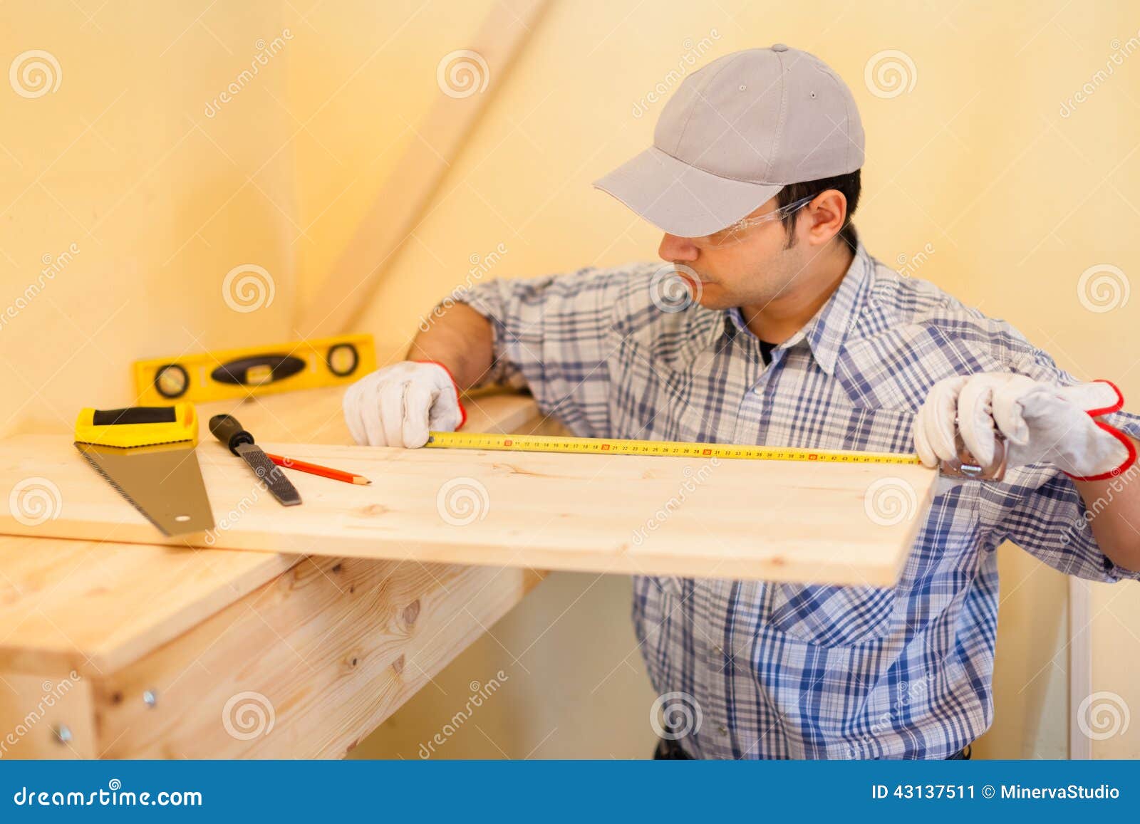 Carpenter at Work Using a Measuring Tape Stock Image - Image of plank ...