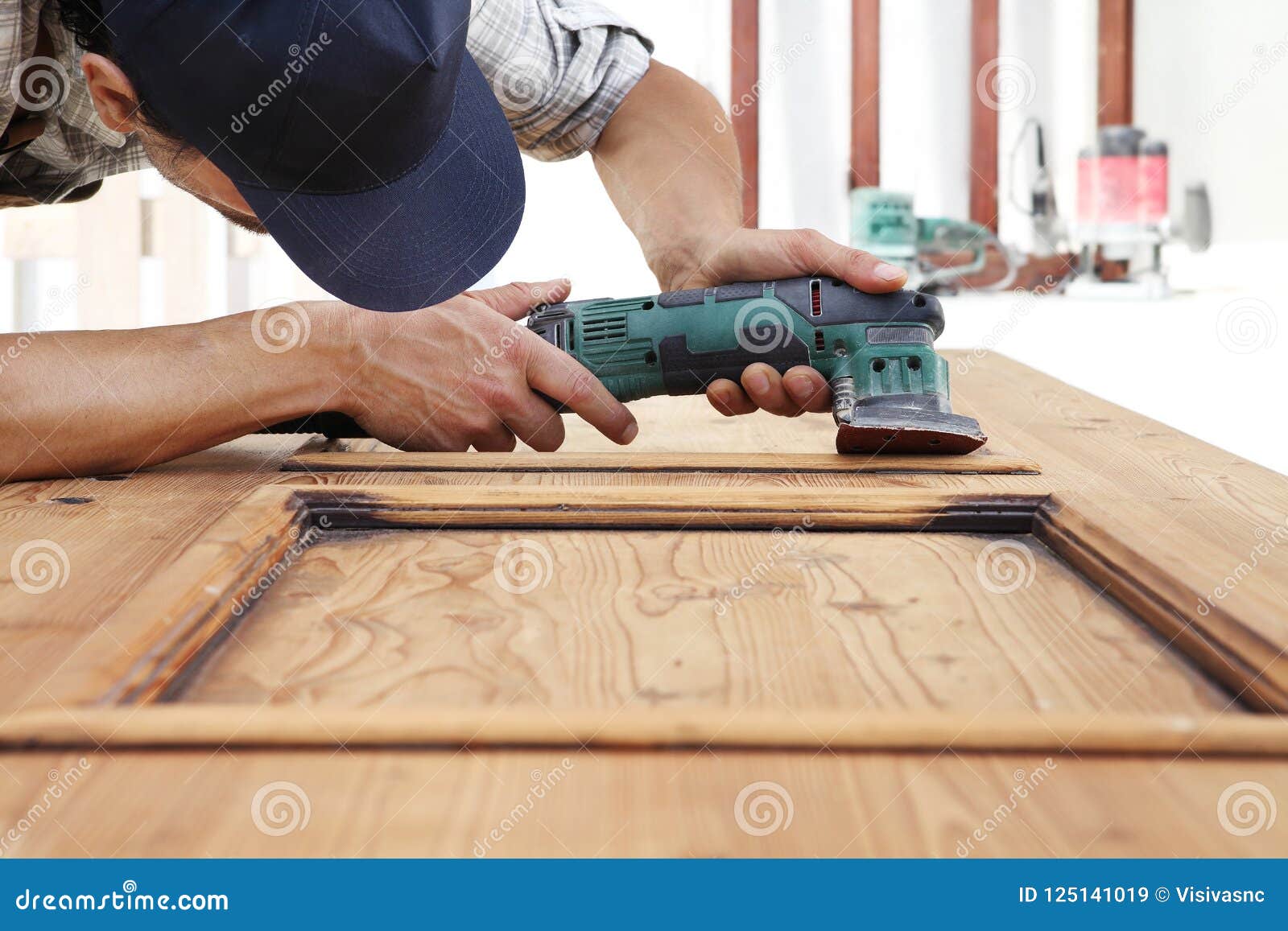 Carpenter Work the Wood with the Sander Stock Image - Image of ...