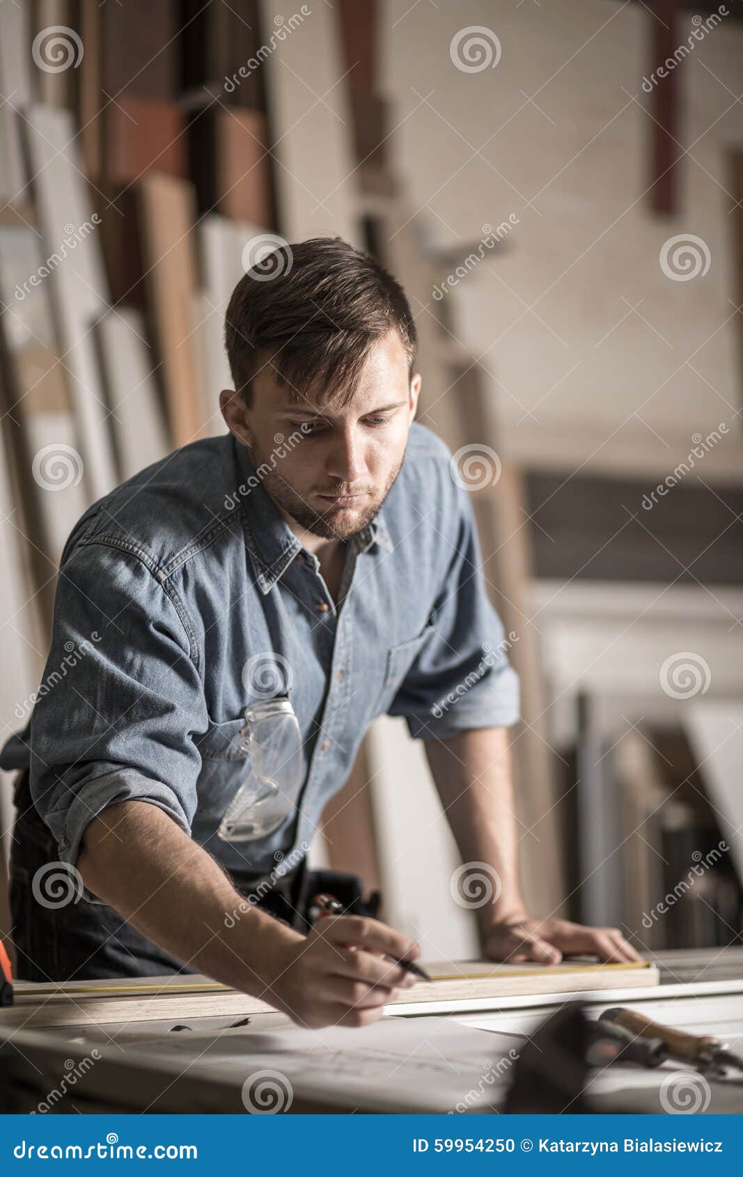 Carpenter at Work in Workshop Stock Photo - Image of measuring, plank ...