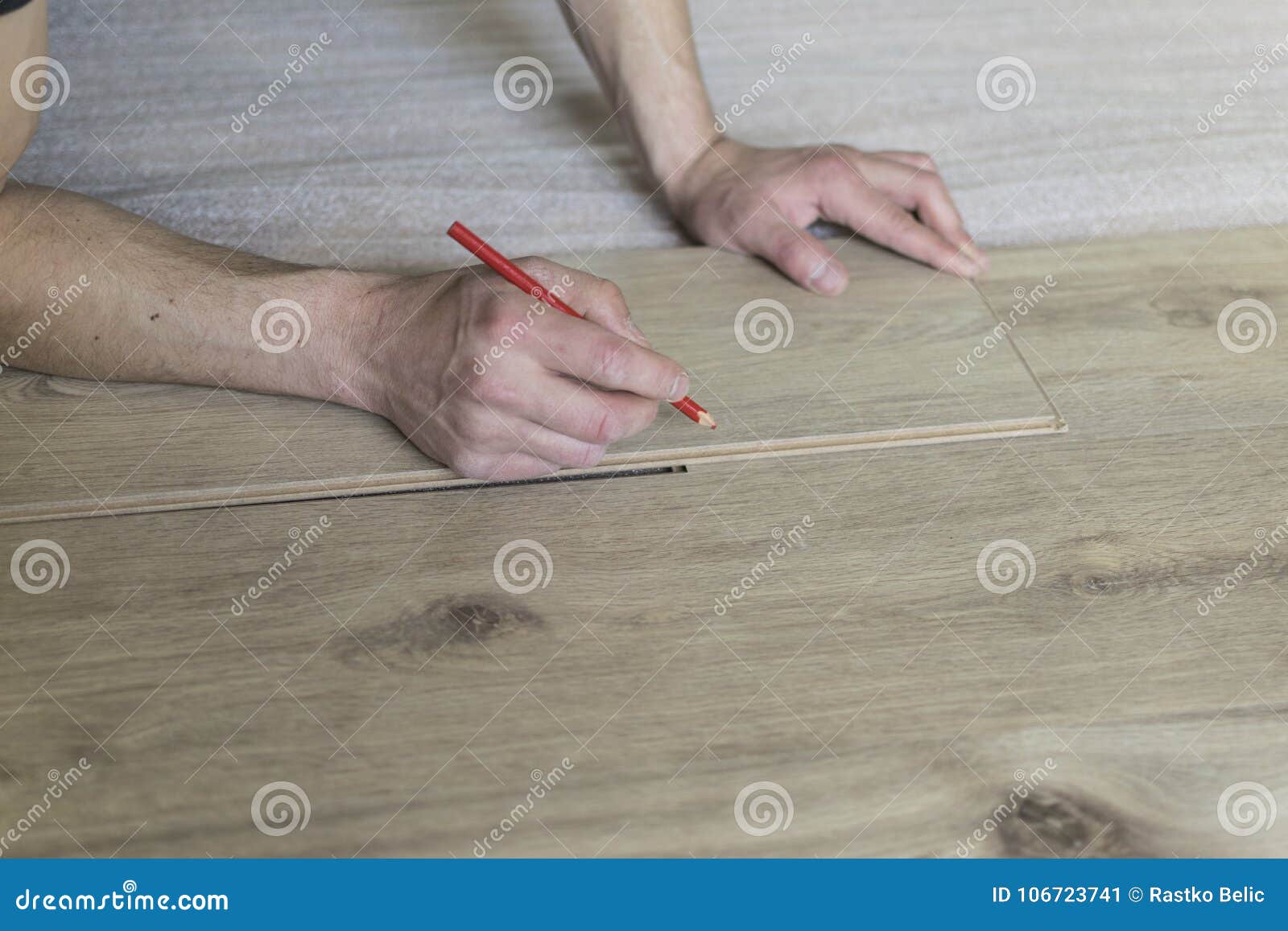 Carpenter Worker Installing Laminate Flooring in the Room Stock Image ...