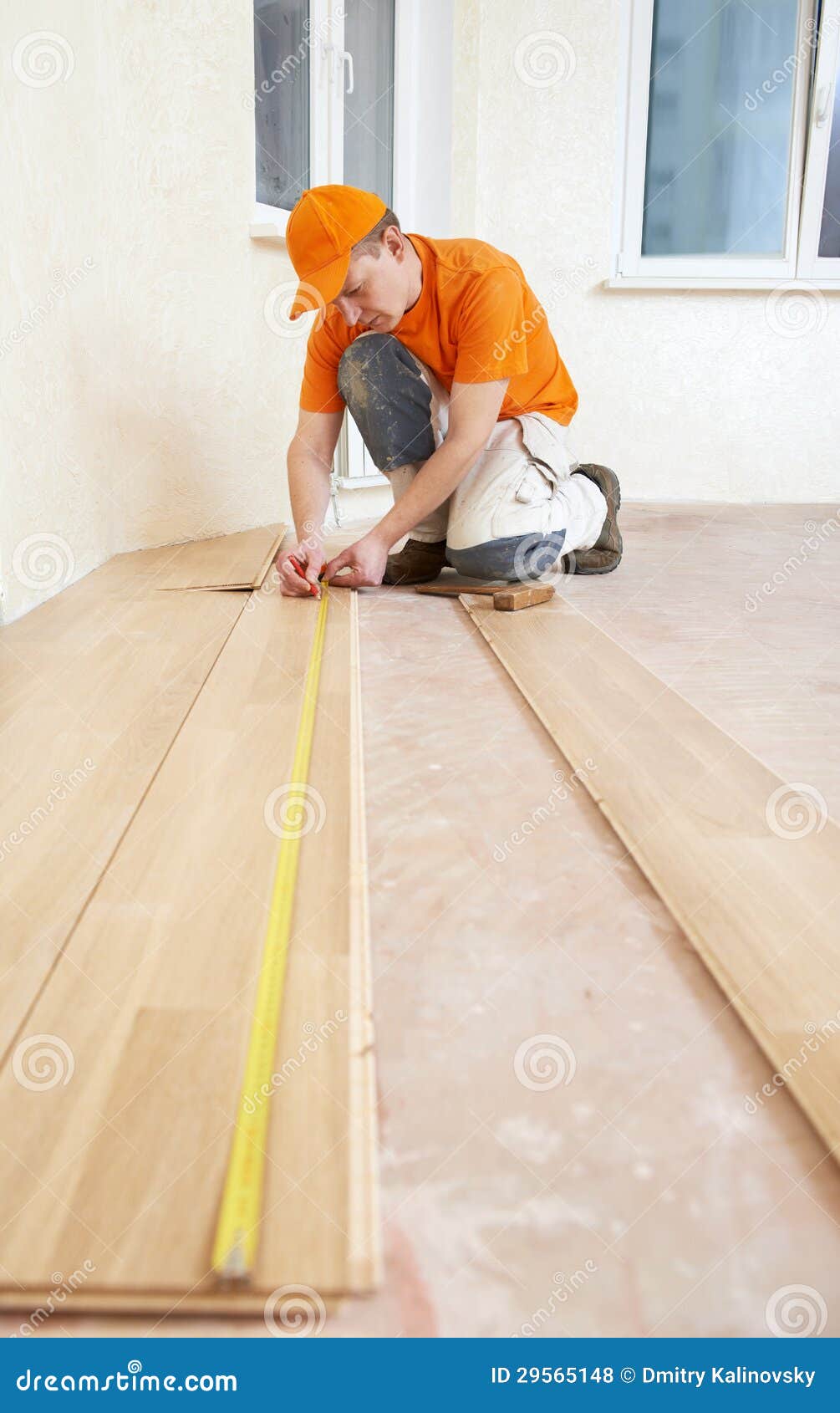 Carpenter Worker Joining Parket Floor Stock Photo - Image of measuring ...