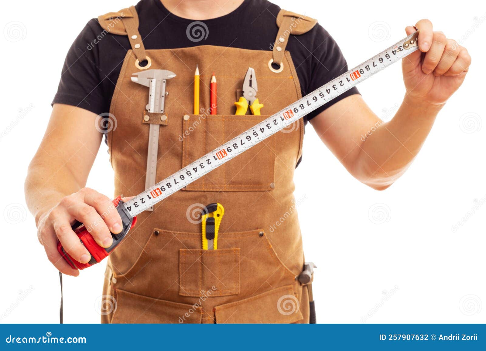 Carpenter in Workers Apron is Holding Measuring Tape on White ...