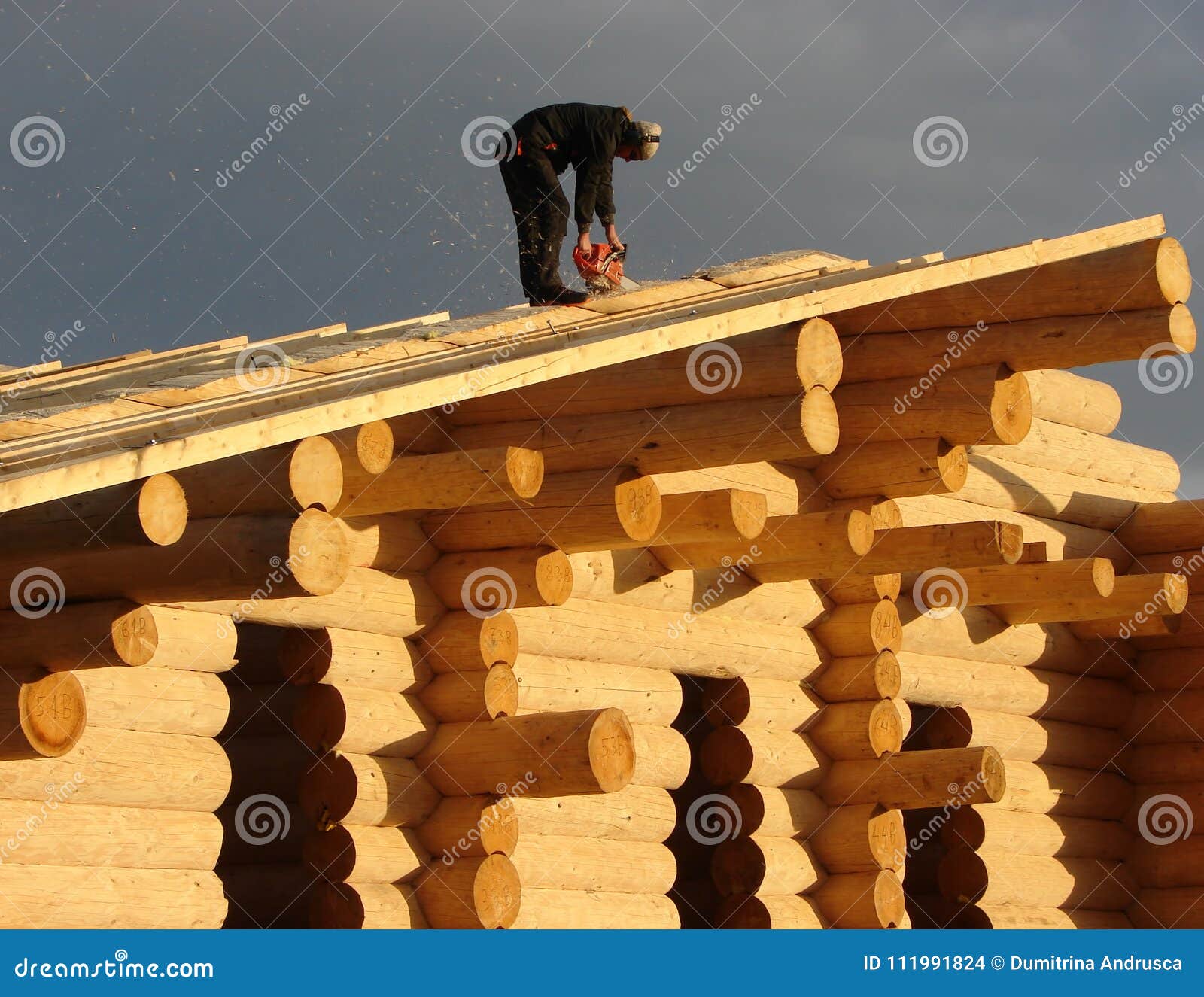 Carpenter working at cabin editorial stock image. Image of hardhat ...