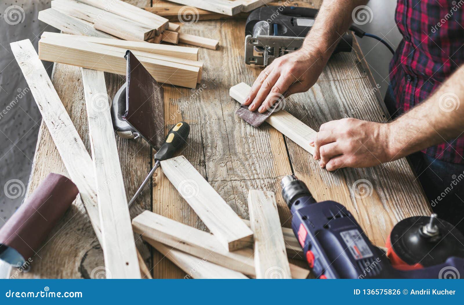 Carpenter Working Carpentry Workshop Man Sanding Manually Plank Stock ...