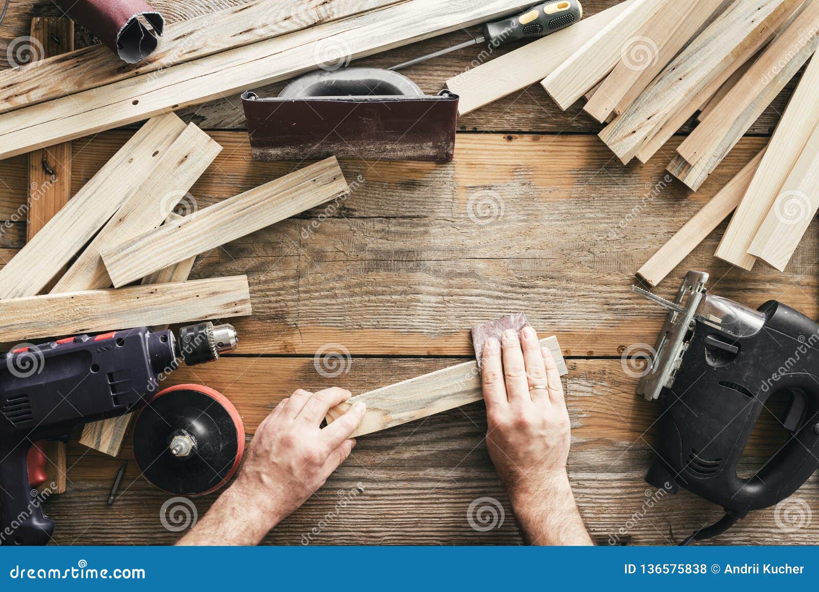 Carpenter Working Carpentry Workshop Man Sanding Manually Plank Top ...