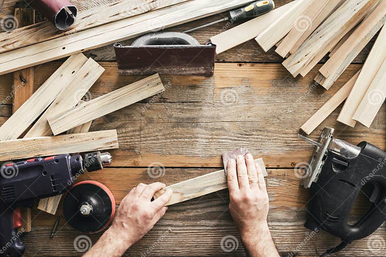 Carpenter Working Carpentry Workshop Man Sanding Manually Plank Top ...