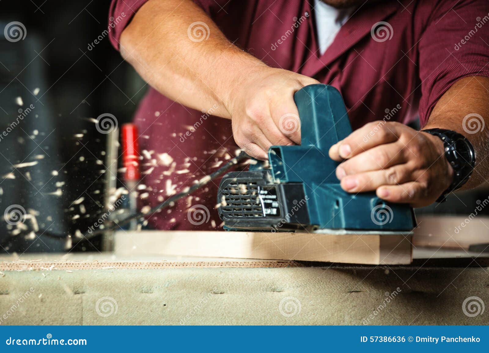 Carpenter Working with Electric Planer. Stock Photo - Image of craft ...