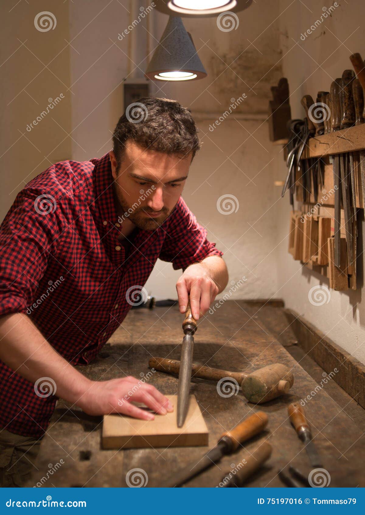 Carpenter Working Hard with Tools in His Carpentry Stock Photo - Image ...