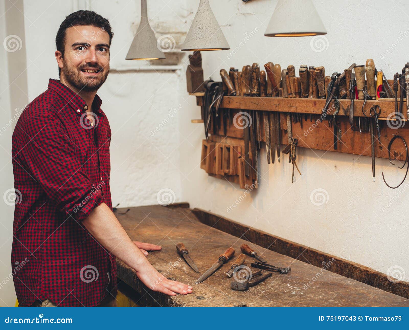 Carpenter Working Hard with Tools in His Carpentry Stock Image - Image ...