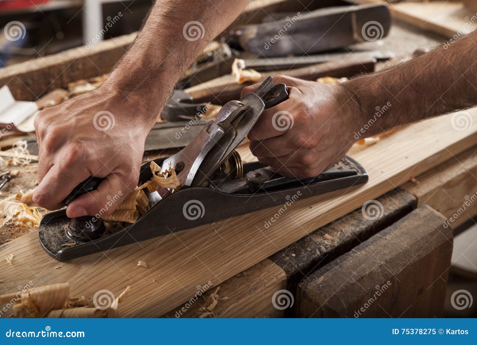 Carpenter Working With Electric Planer On Wooden Plank Stock Image ...