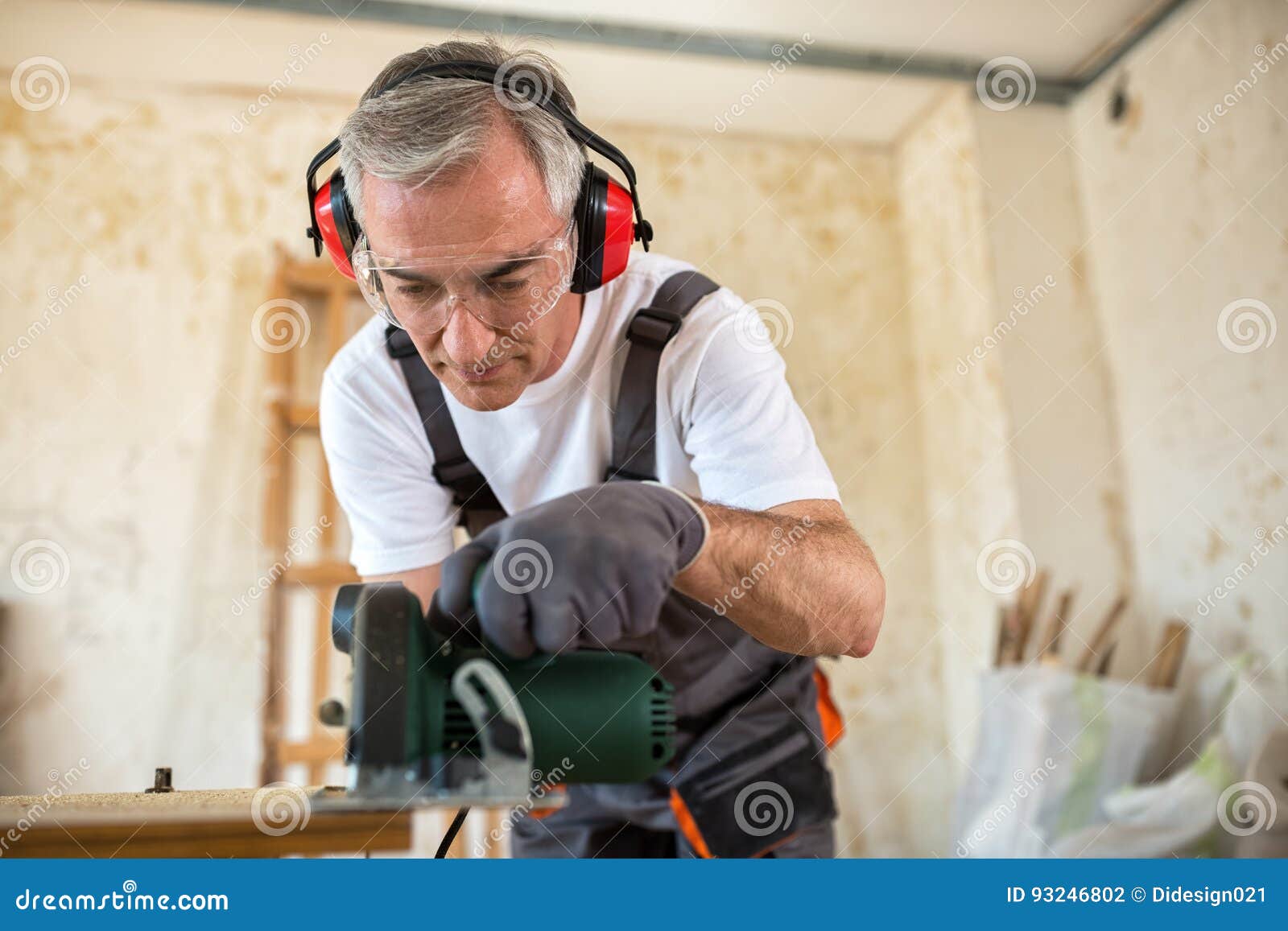 Carpenter Working with Wood Plank at Workshop Stock Photo - Image of ...