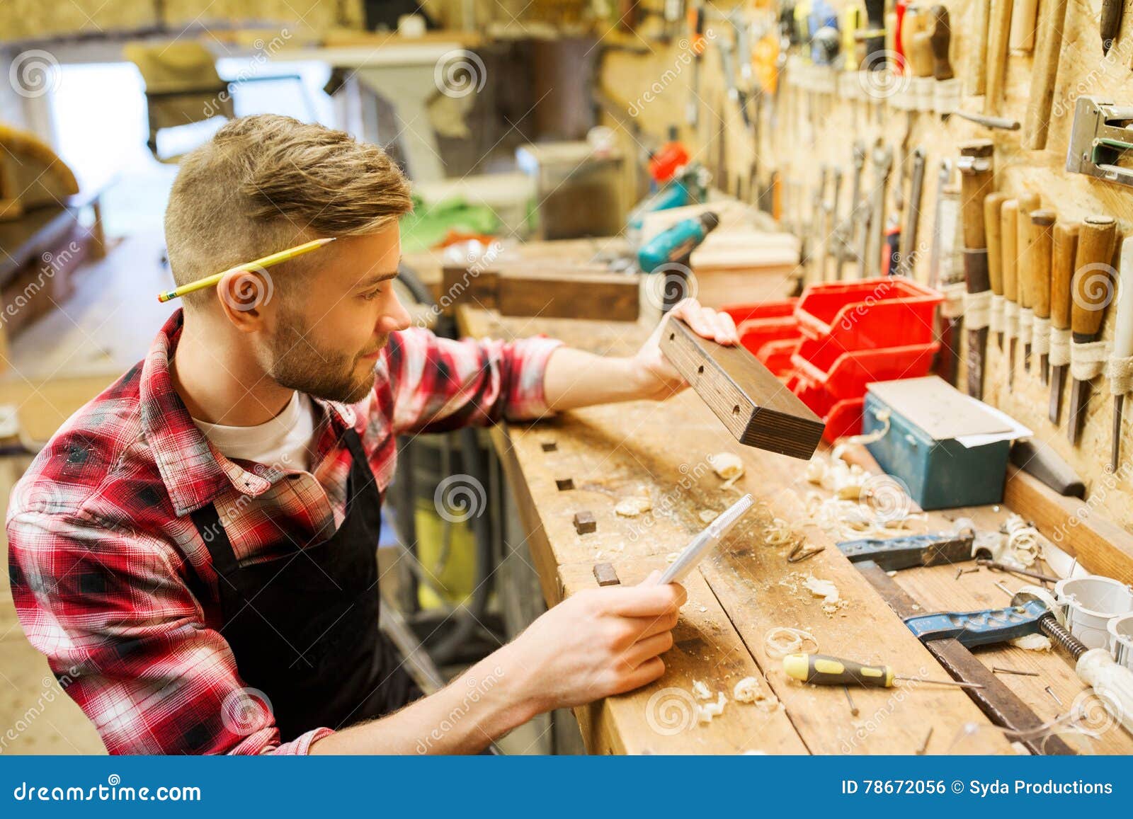 Carpenter Working with Wood Plank at Workshop Stock Photo - Image of ...