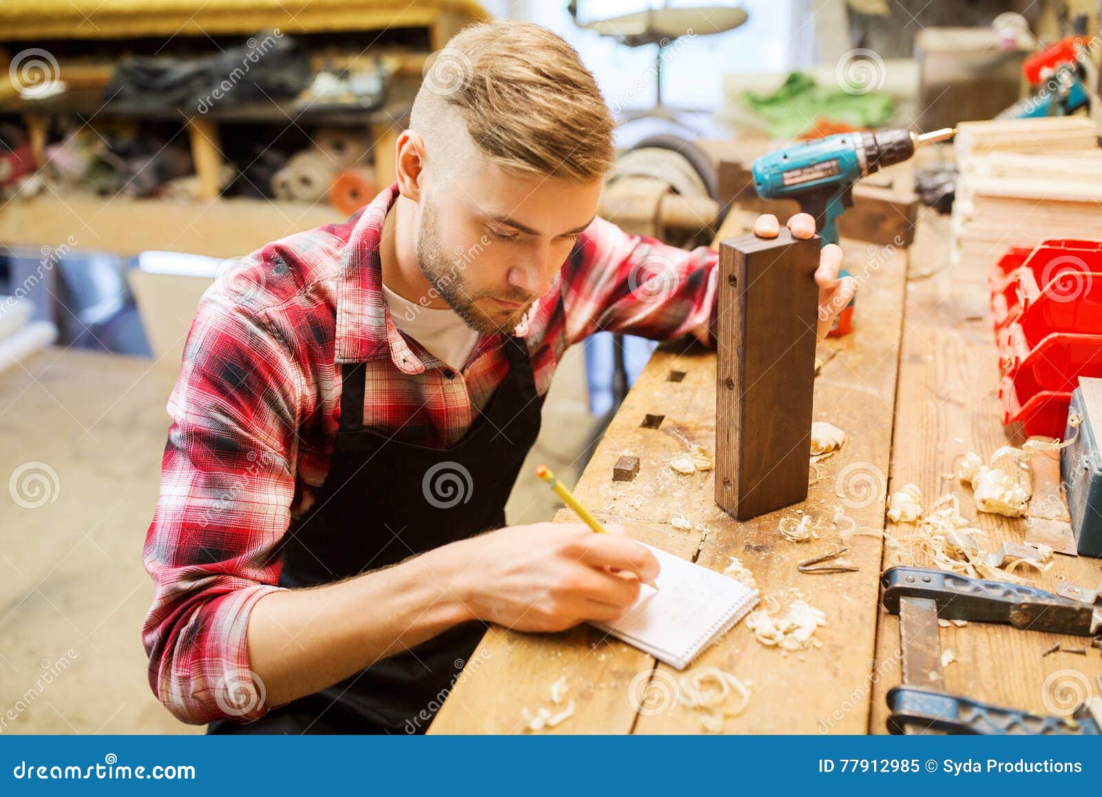 Carpenter Working with Wood Plank at Workshop Stock Image - Image of ...