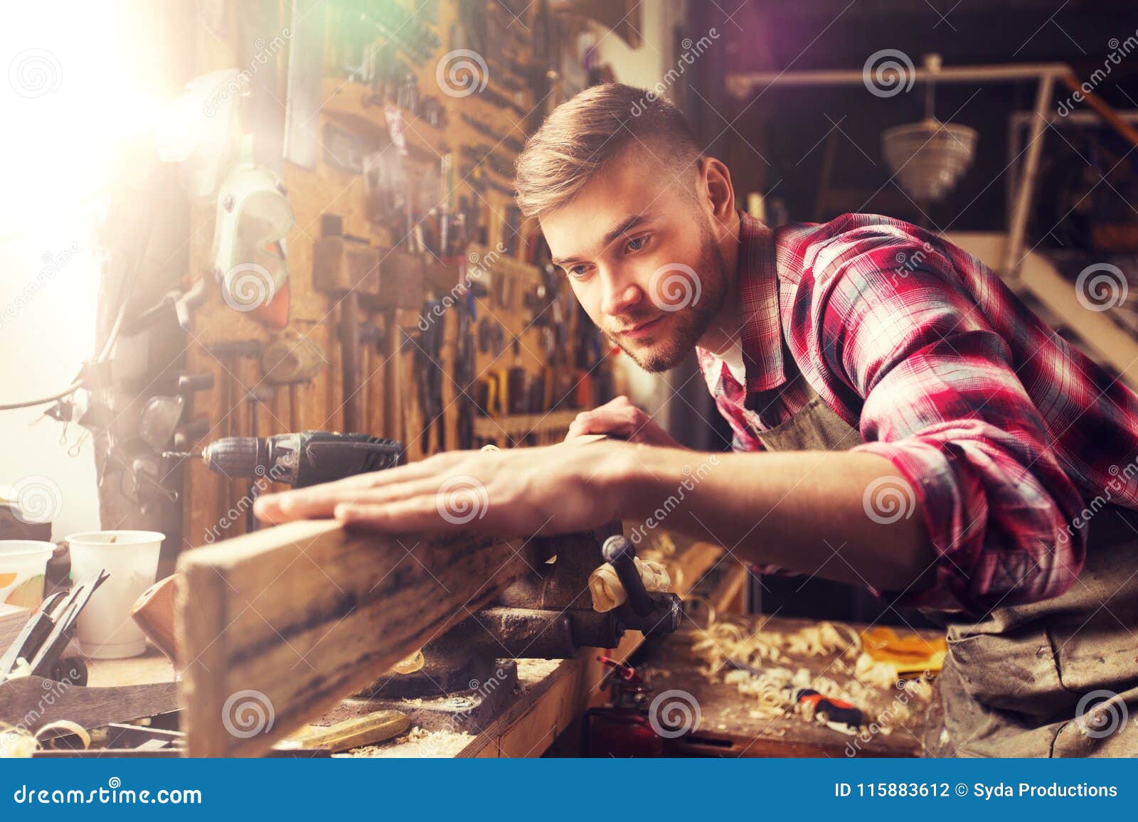 Carpenter Working with Wood Plank at Workshop Stock Photo - Image of ...