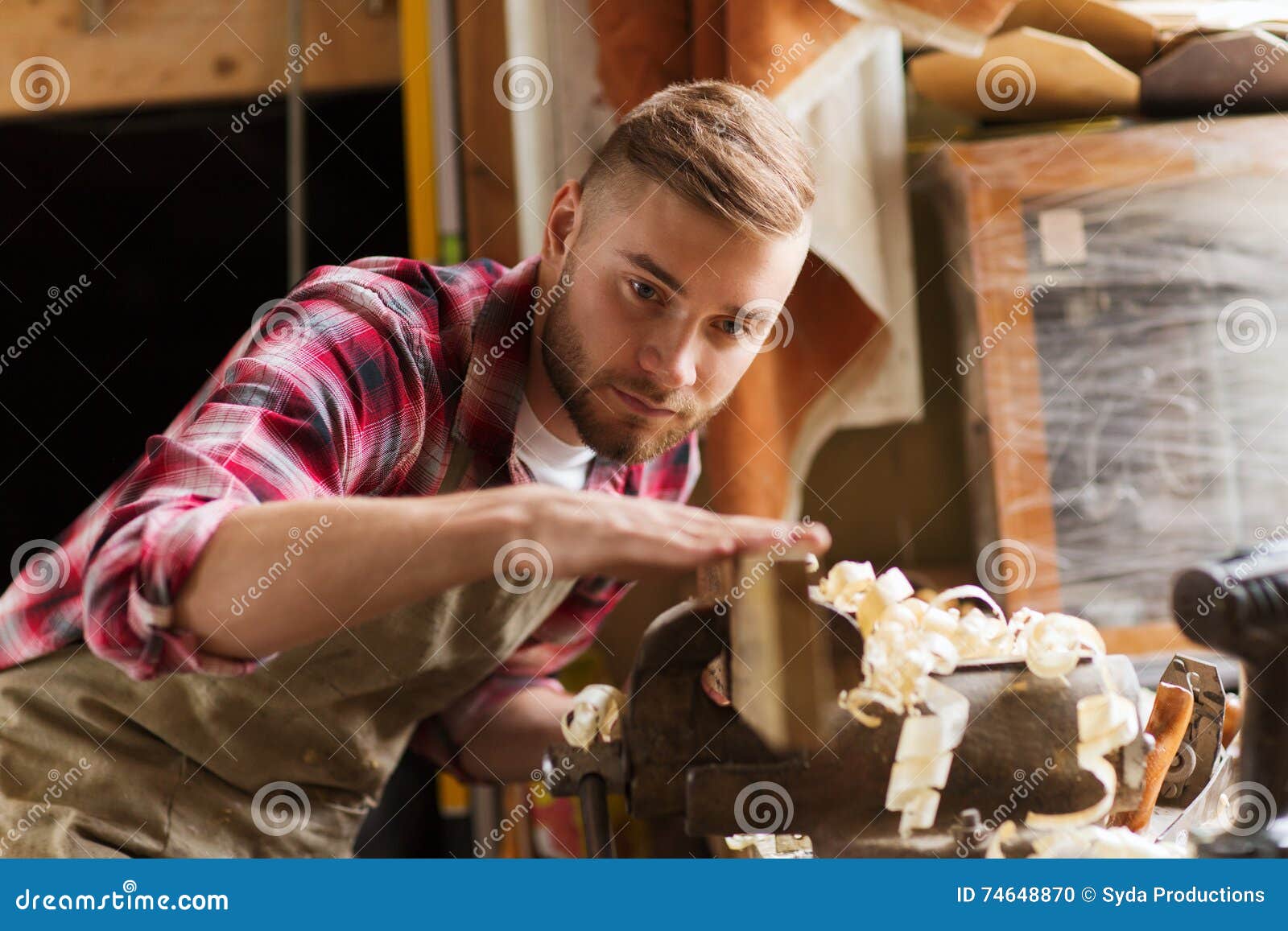 Carpenter Working with Wood Plank at Workshop Stock Photo - Image of ...
