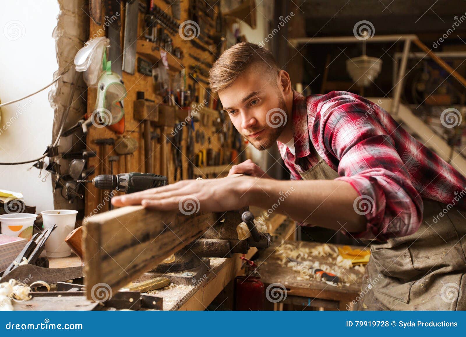 Carpenter Working with Wood Plank at Workshop Stock Photo - Image of ...