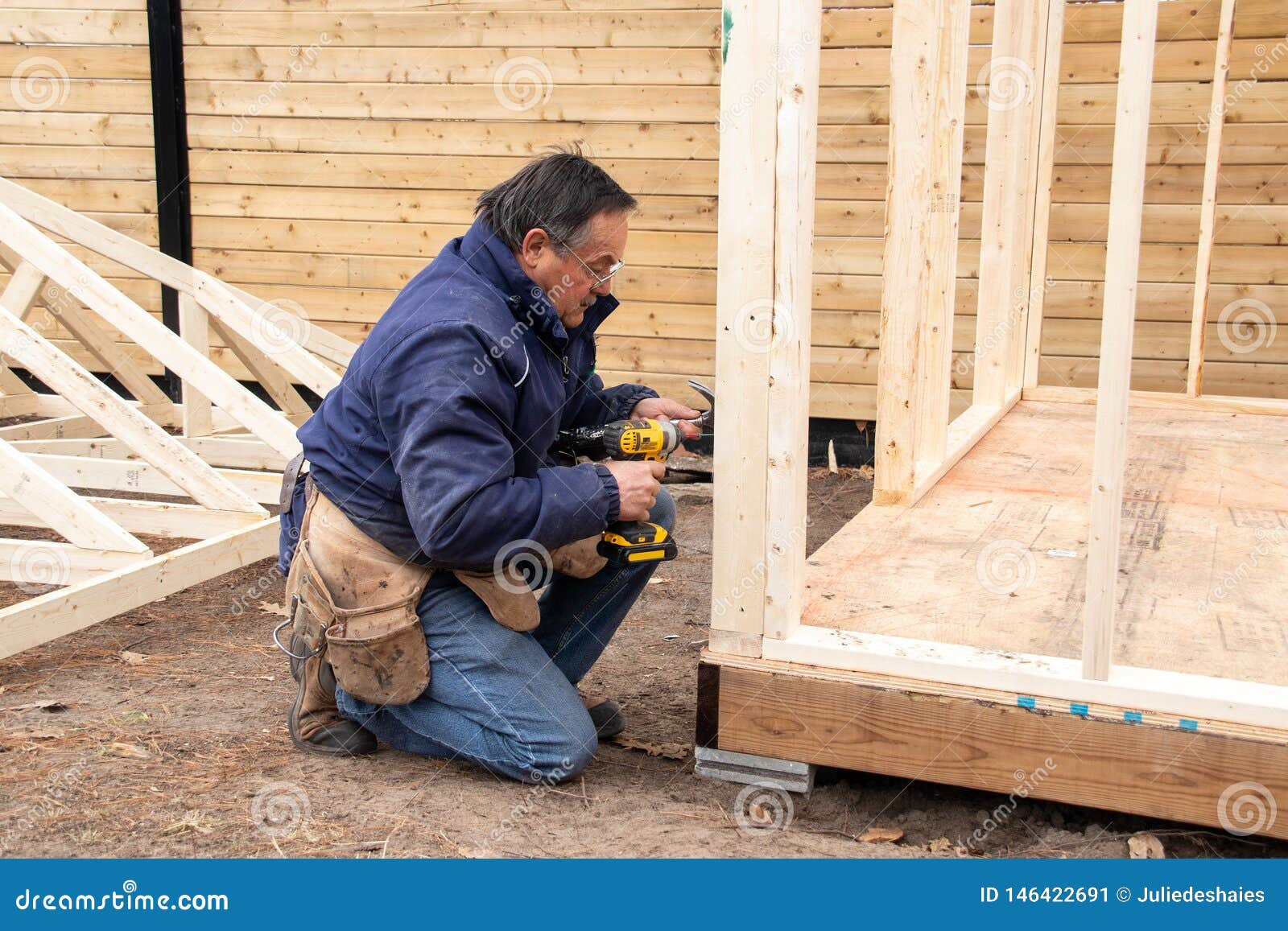 Carpenter Working on Wood Structure Stock Image - Image of roof ...