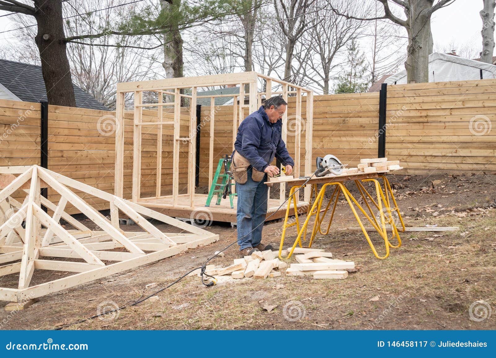 Carpenter Working on Wood Structure Stock Image - Image of home ...