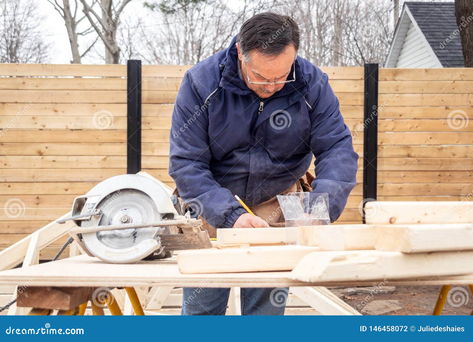 Carpenter Working on Wood Structure Stock Photo - Image of occupation ...