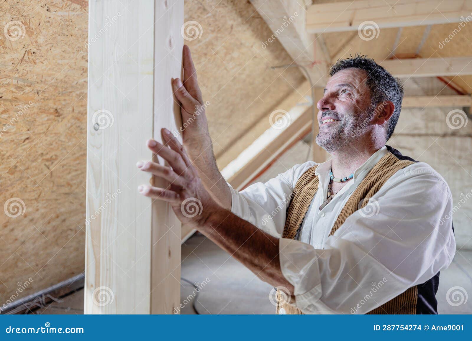 Carpenter Working on Wooden Beams and Framework Stock Photo - Image of ...