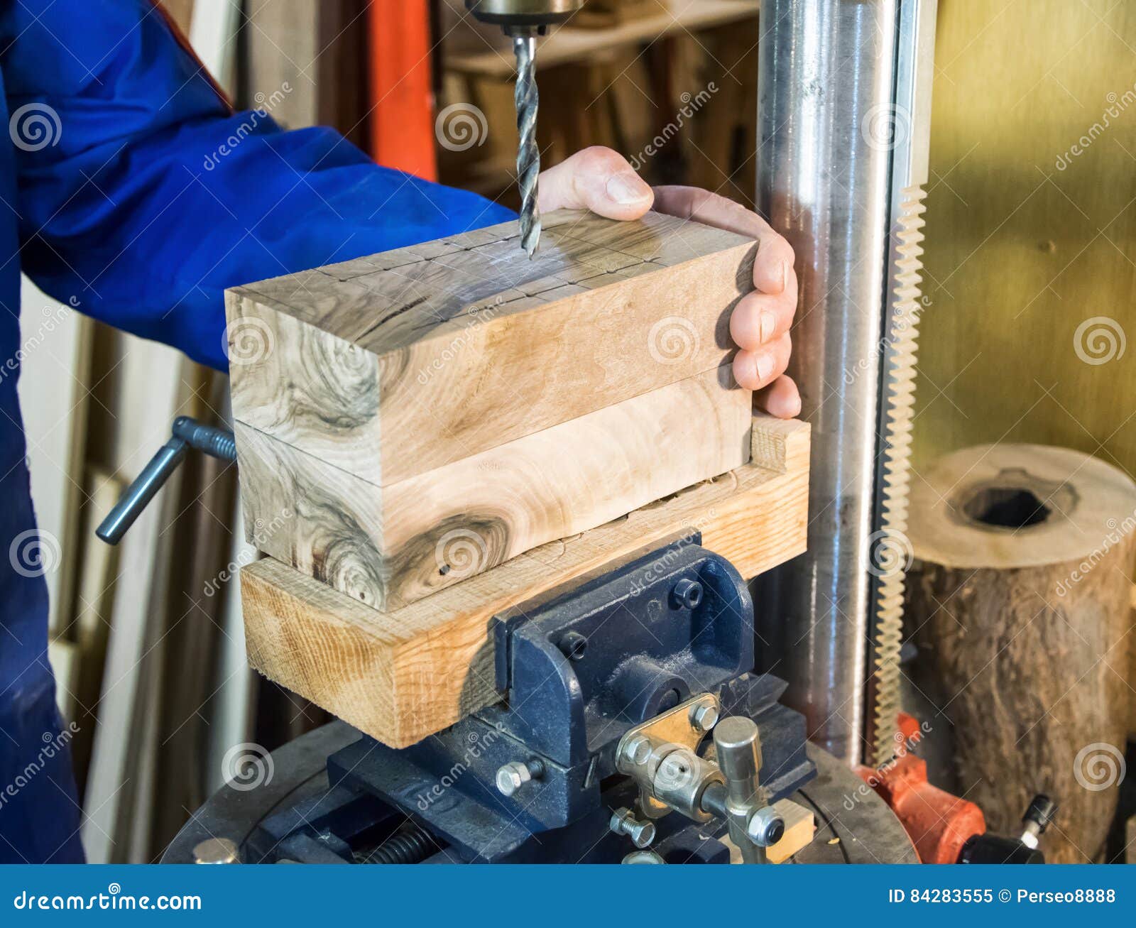 Carpenter Workplace- Man Using a Drill Press on Wood. Stock Image ...