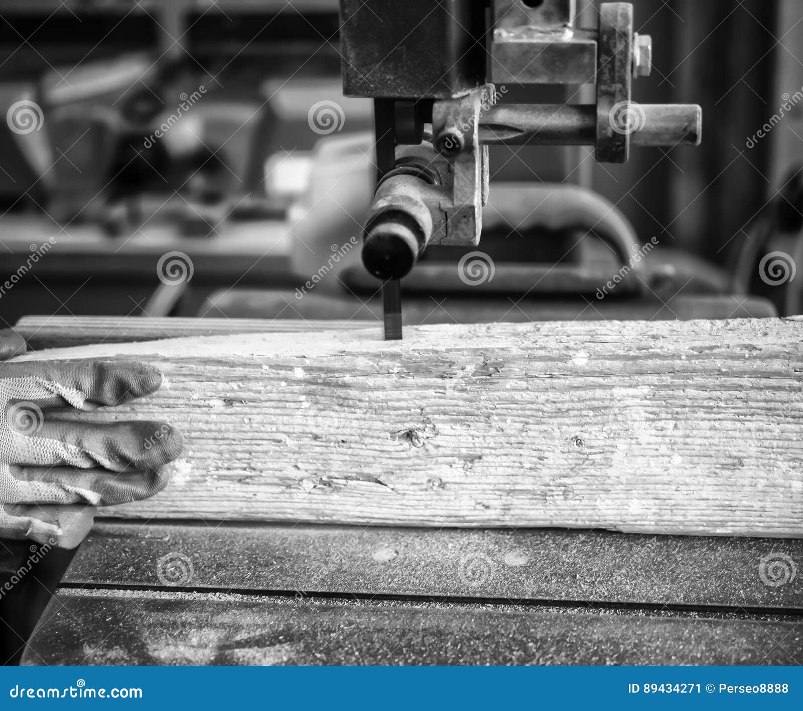 Carpenter Workplace. Man Using Saw To Cut Wood. Stock Image - Image of ...