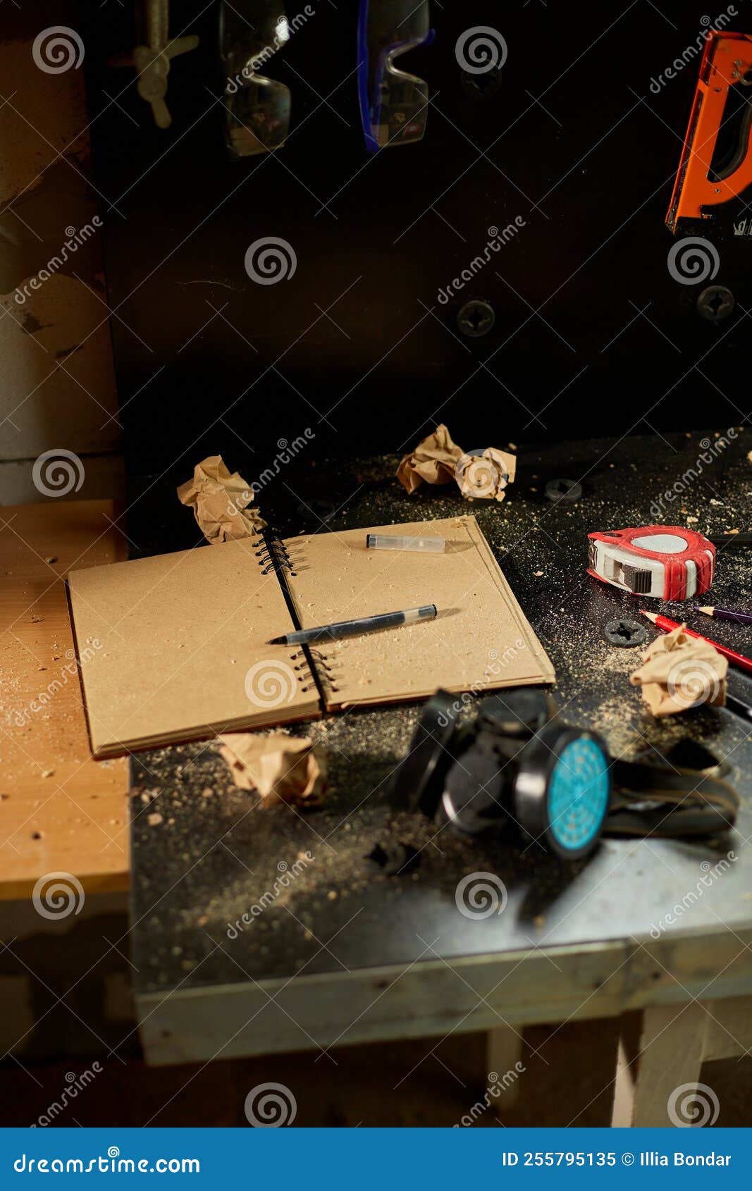 Carpenter Workplace with Notepad and Power Working Tools Graver for ...