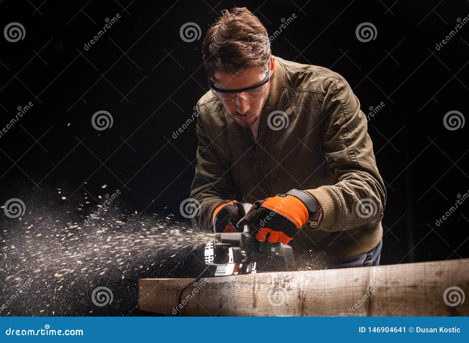 Carpenter Works with Electrical Planer Stock Image - Image of iron ...