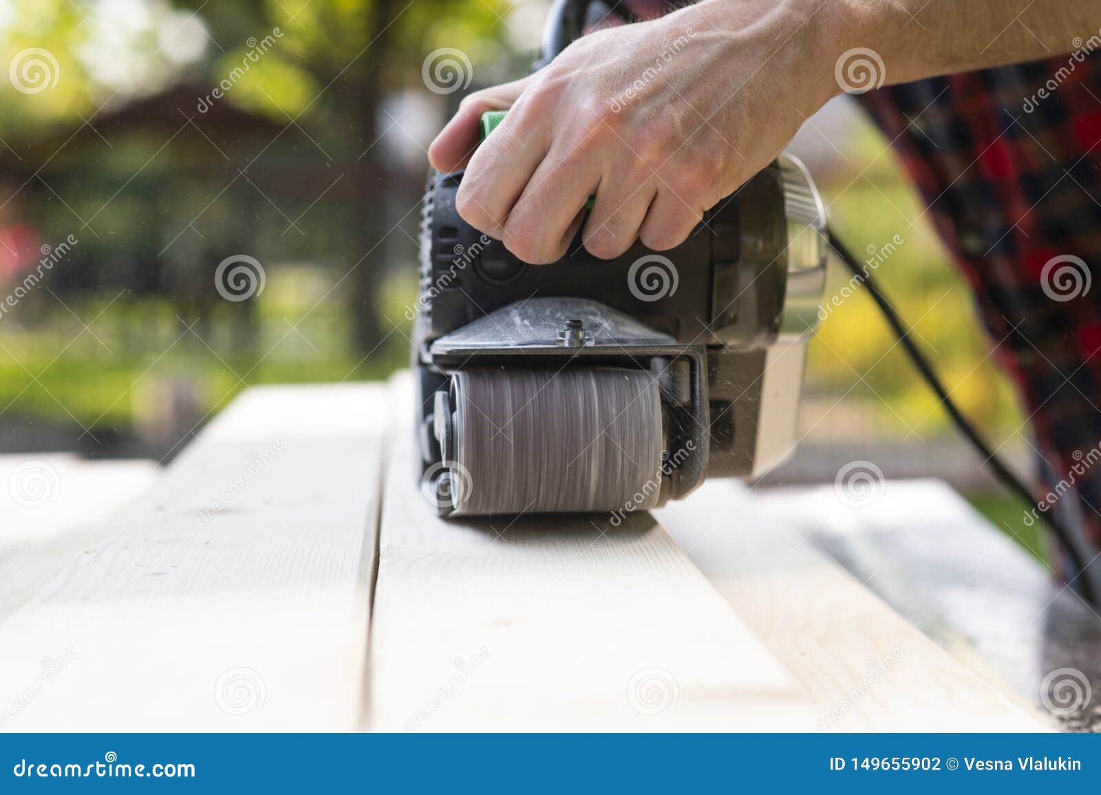 Carpenter Works with Electrical Planer Stock Photo - Image of craft ...