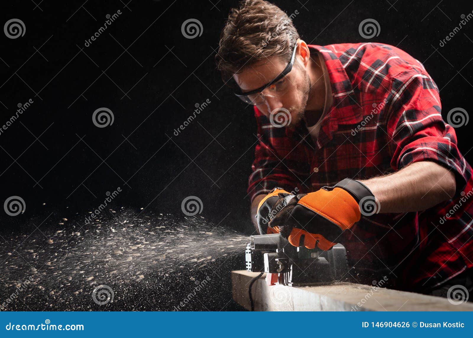 Carpenter Works with Electrical Planer Stock Photo - Image of wooden ...
