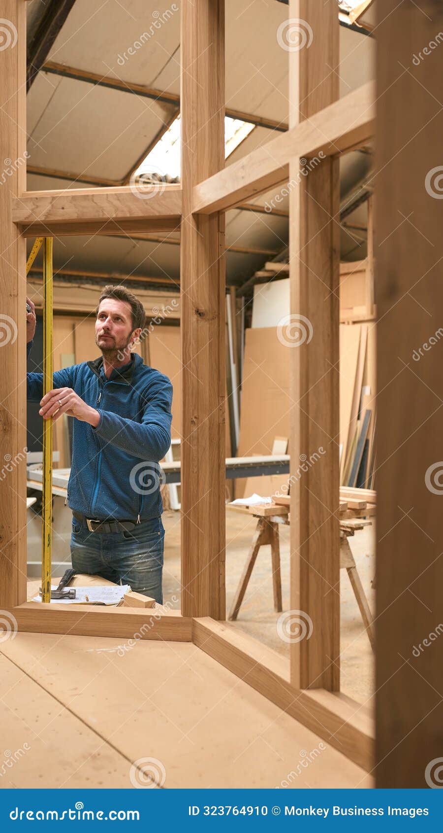 Carpenter in Workshop Measuring Wooden Window Frame Stock Photo - Image ...