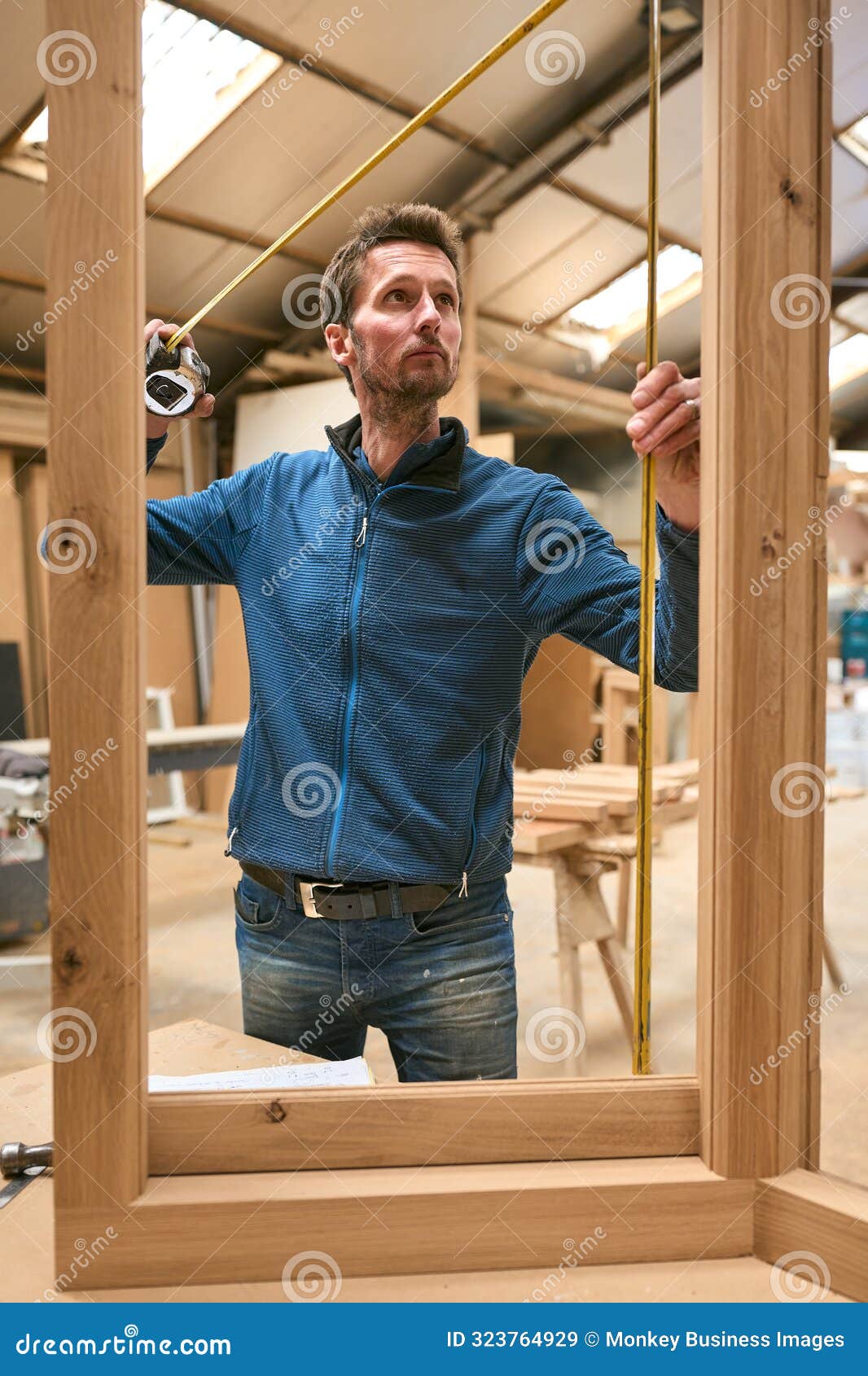 Carpenter in Workshop Measuring Wooden Window Frame Stock Image - Image ...