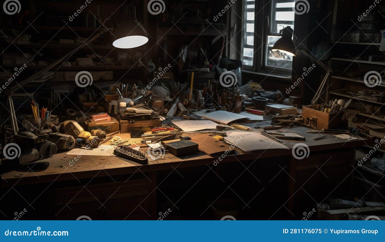 Carpenter Workshop Old Fashioned Tools, Leather Apron, Messy Workbench ...
