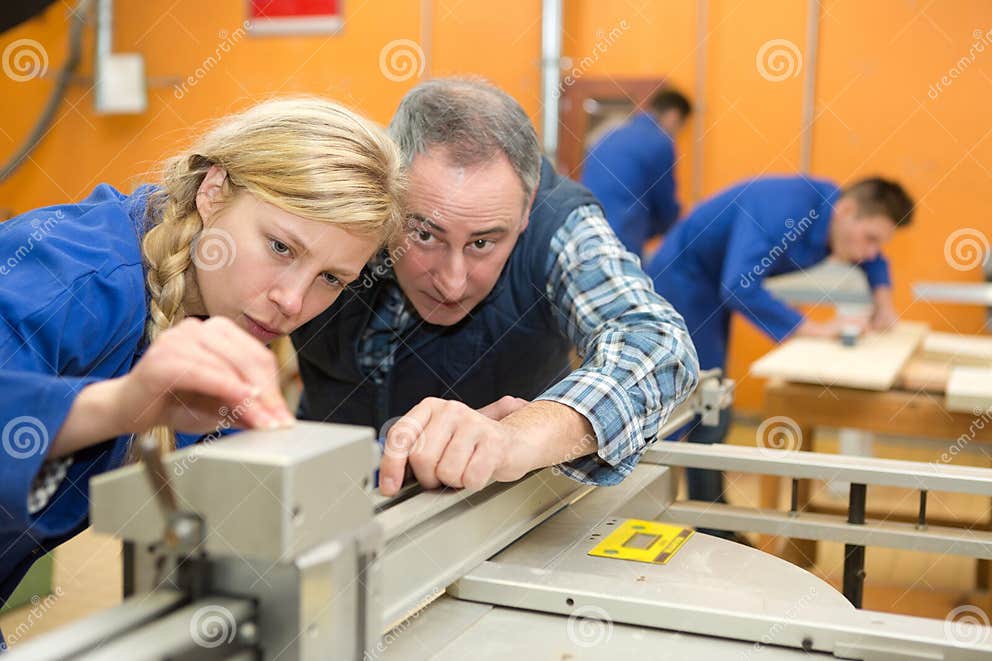 Carpenter and Young Female Apprentice Working Together in Workshop ...