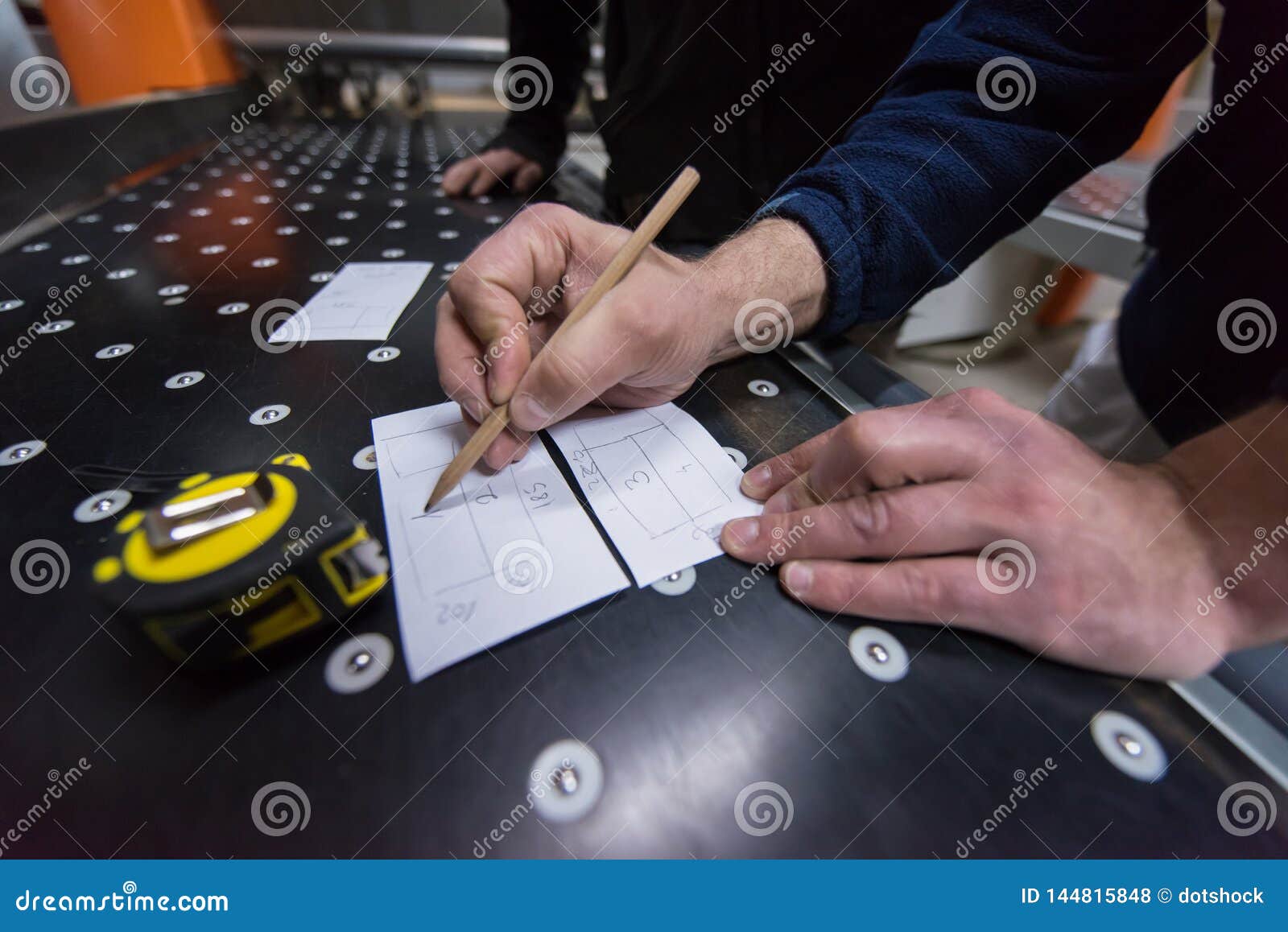 Carpenters Calculating and Programming a Cnc Wood Working Machine Stock ...