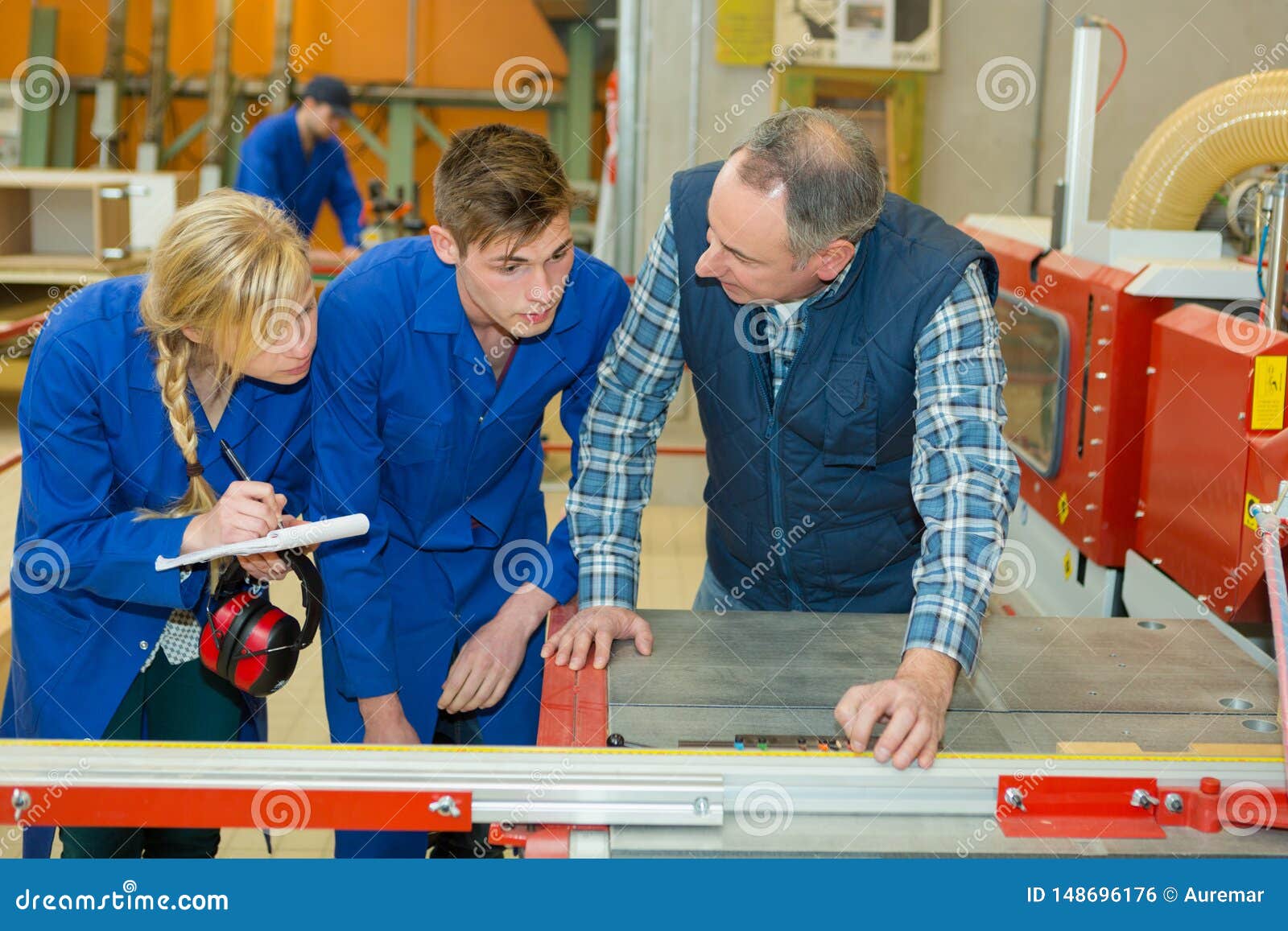 Carpenters Cleaning Veneer Machine in Workshop Stock Photo - Image of ...