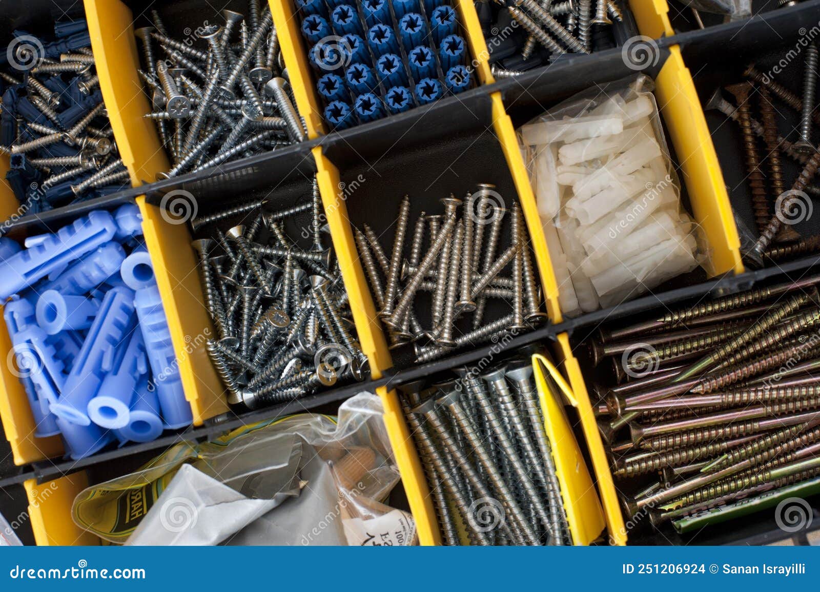 Carpenters Tool Box with Assorted Screws and Plugs Stock Photo - Image ...