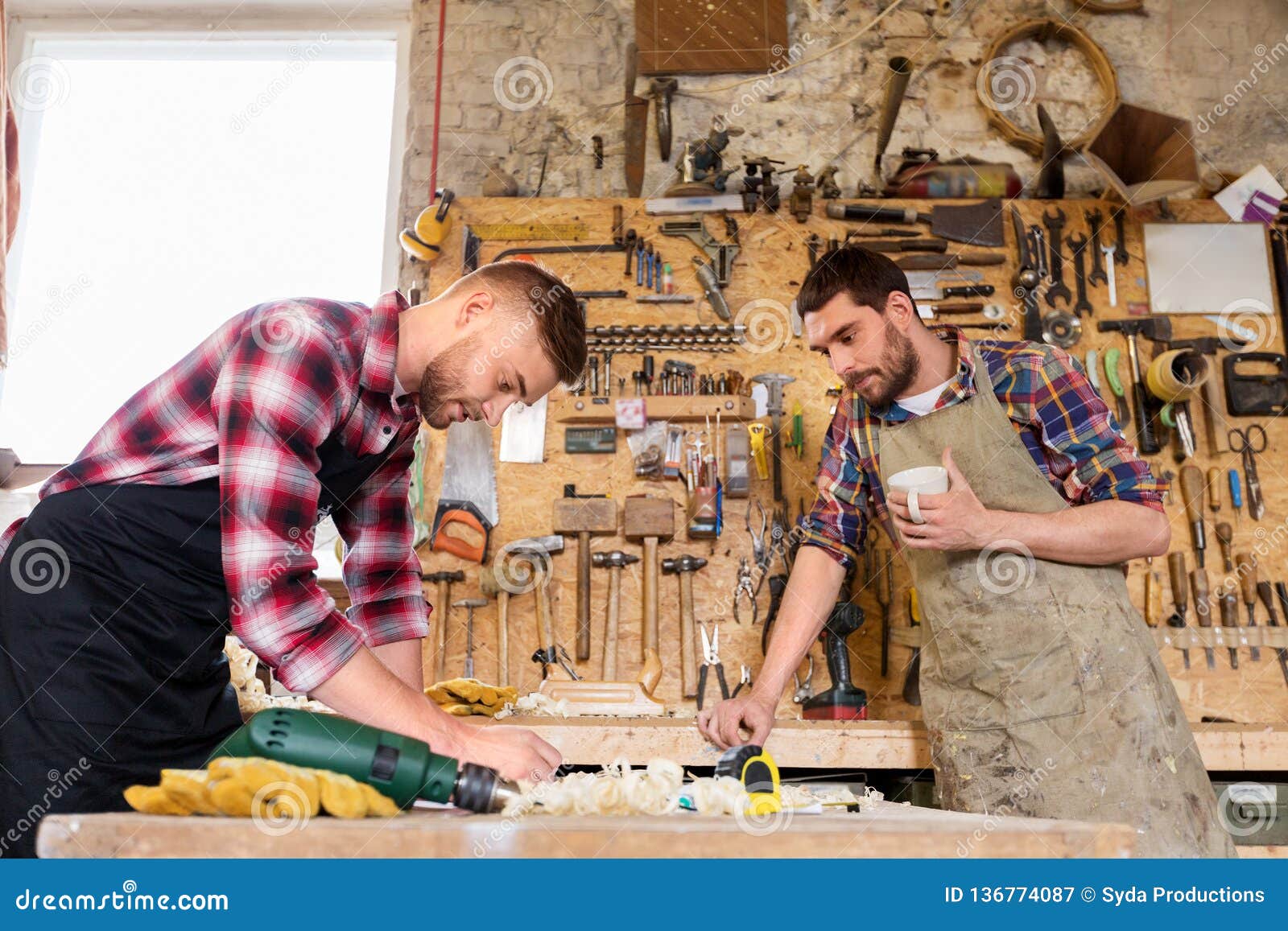 Carpenters Working and Drinking Coffee at Workshop Stock Image - Image ...
