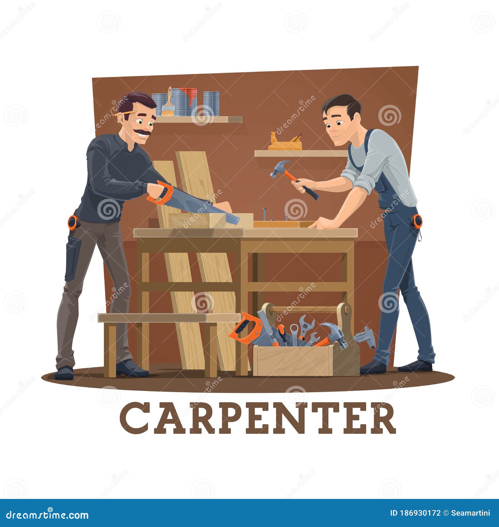 Carpenters at Workshop with Carpentry Tools Stock Vector - Illustration ...
