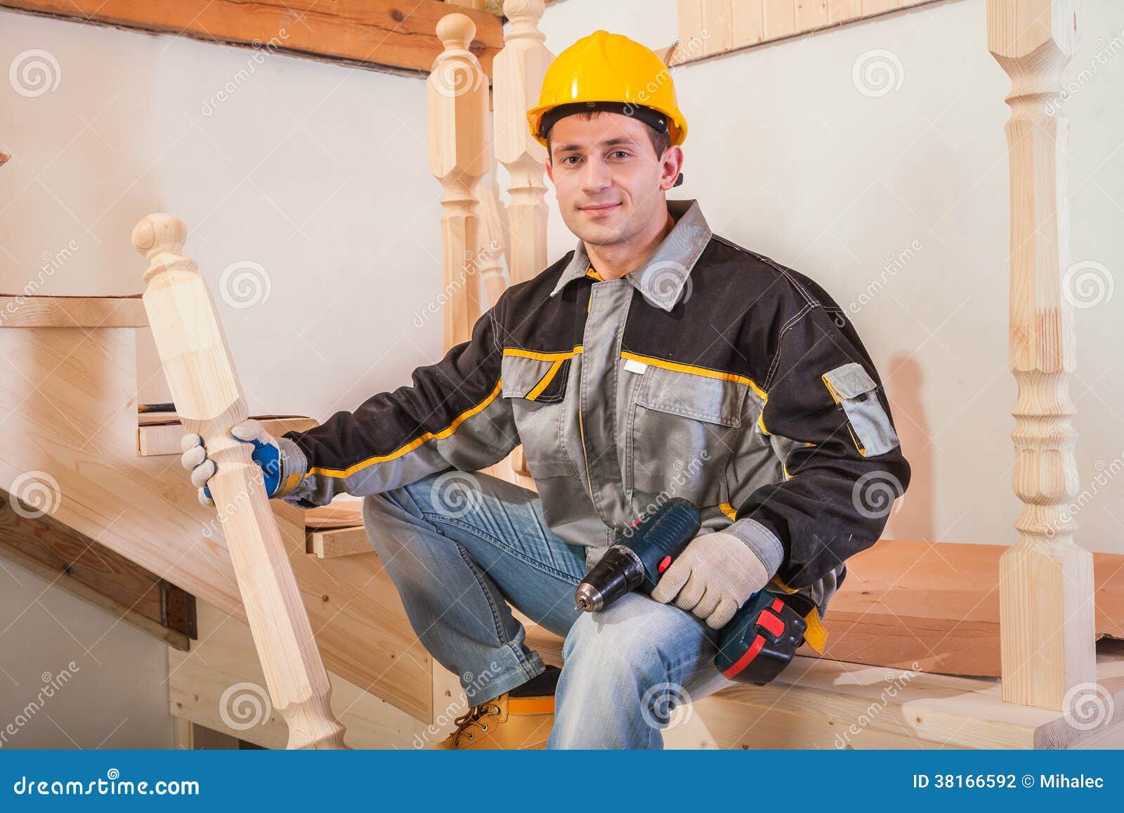 Carpentery Worker Sitting on Ladder Stock Photo - Image of housing ...